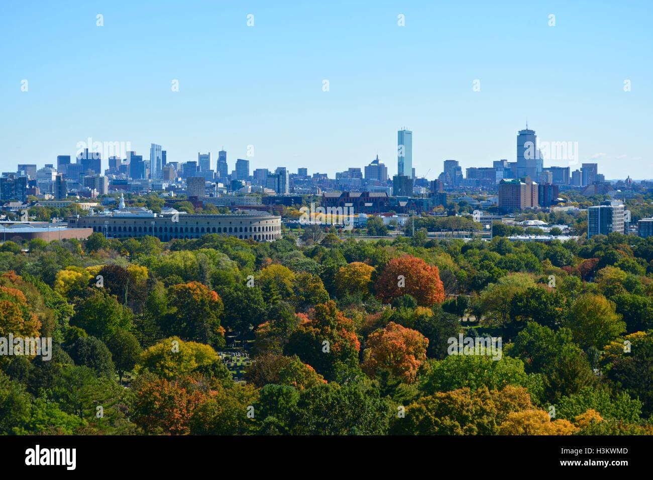 The Boston skyline with Autumn foliage, as seen from the Washington ...