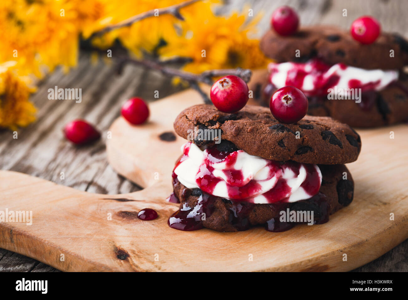 Vampire chocolate chip cookie sandwiches on background autumn yellow ...