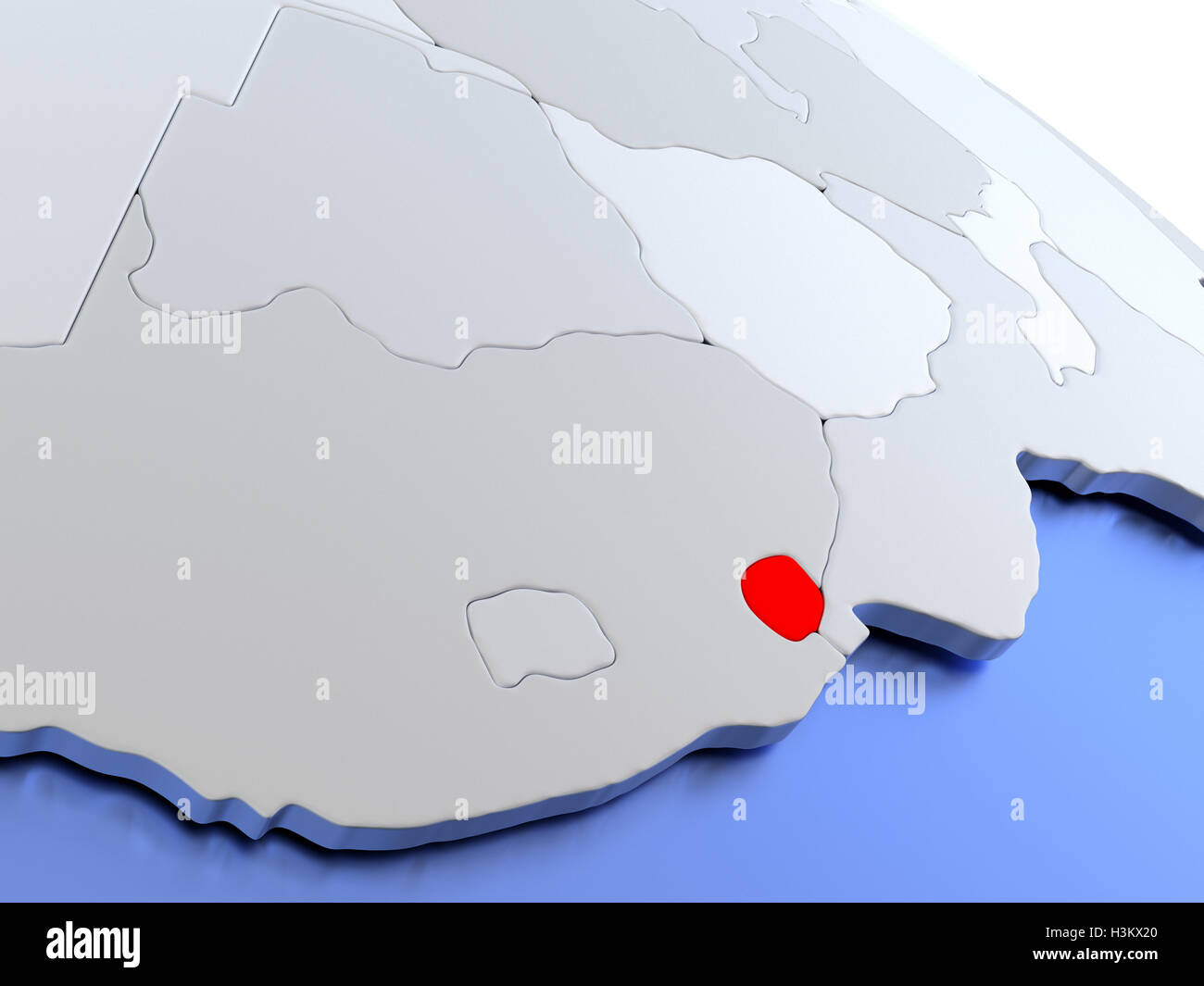 Map of Swaziland on elegant silver 3D globe with blue oceans. 3D ...