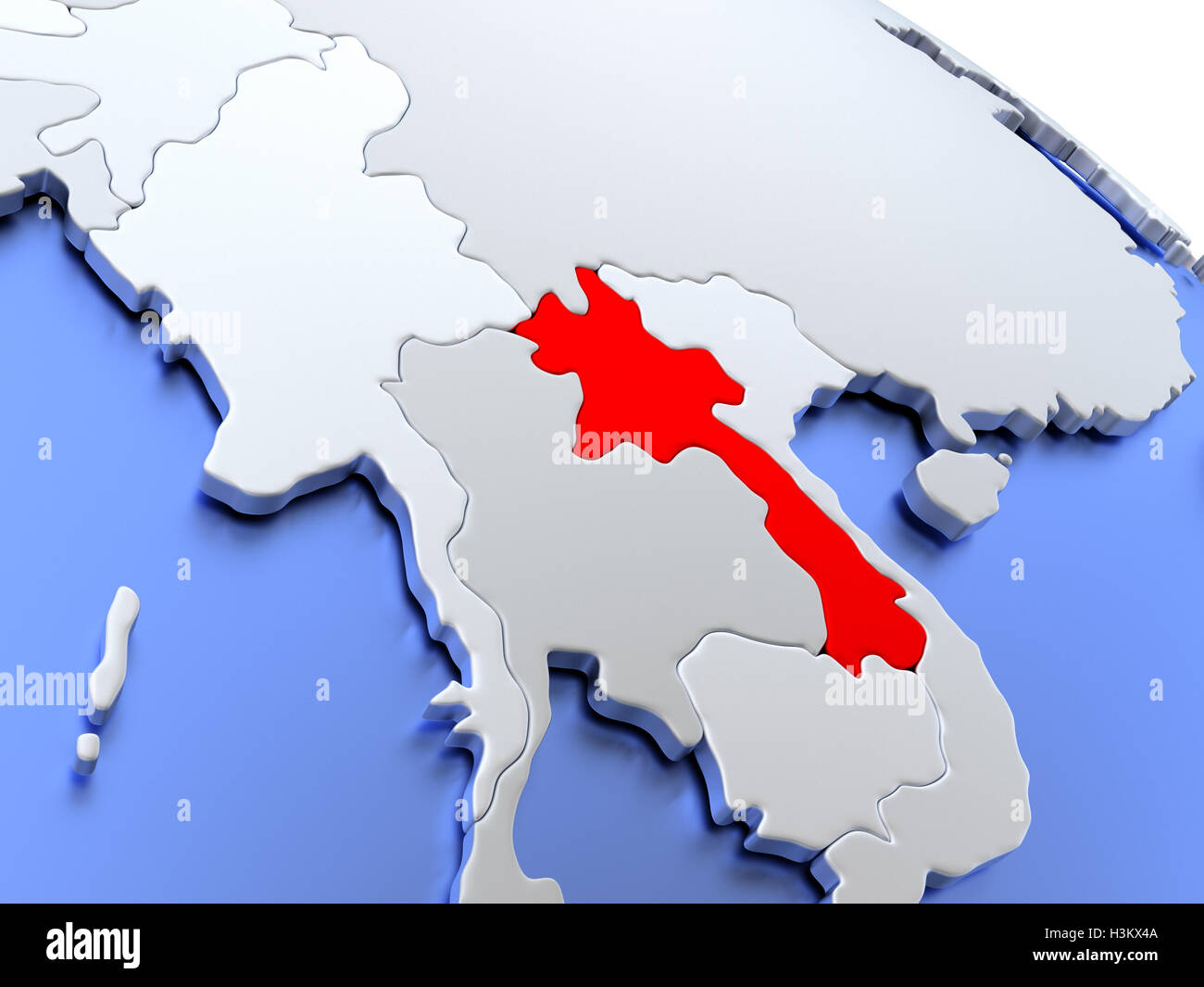 Map of Laos on elegant silver 3D globe with blue oceans. 3D ...