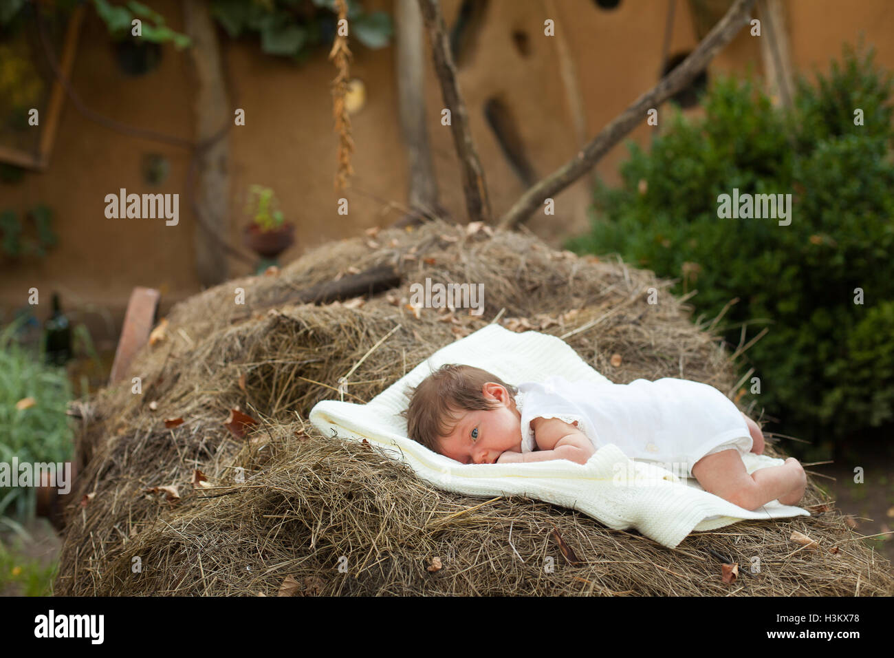 Baby lying on the blanket on the hay Stock Photo - Alamy