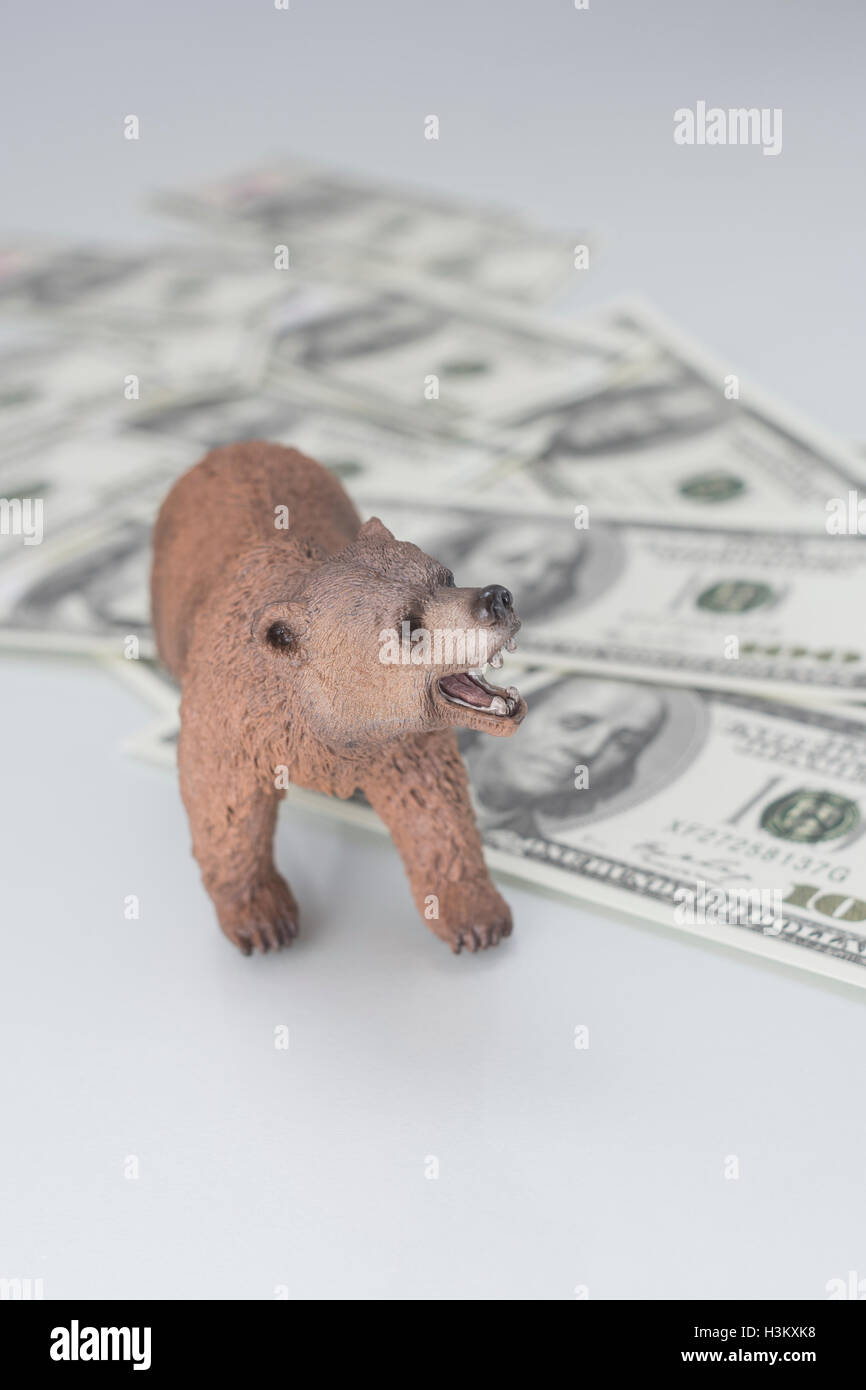 Bear with stash of US 100$ Franklin bills / banknotes. Metaphor for ...