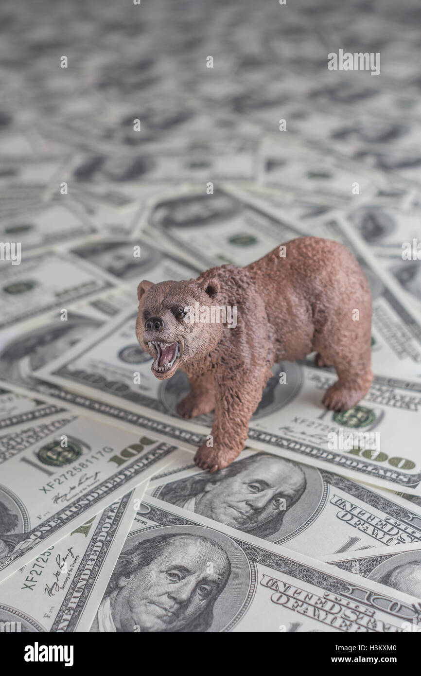 Bear with stash of US 100$ Franklin bills / banknotes. Metaphor for ...