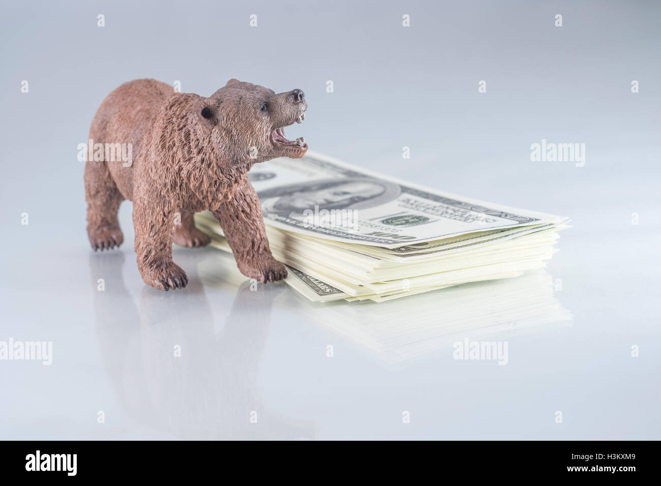 Bear with pile of US 100$ Franklin bills / banknotes, as metaphor for ...