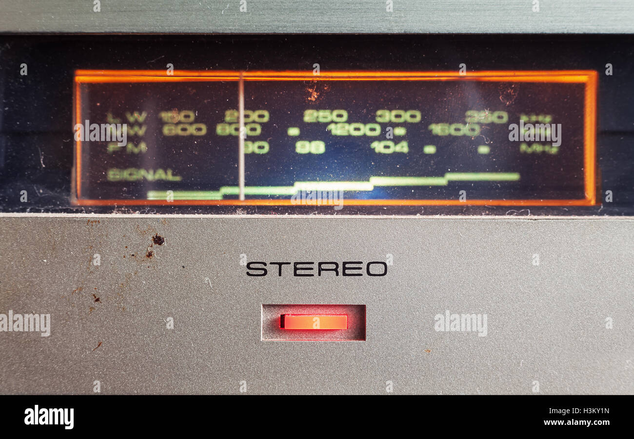 Details of an old radio receiver, closeup view on button for stereo ...