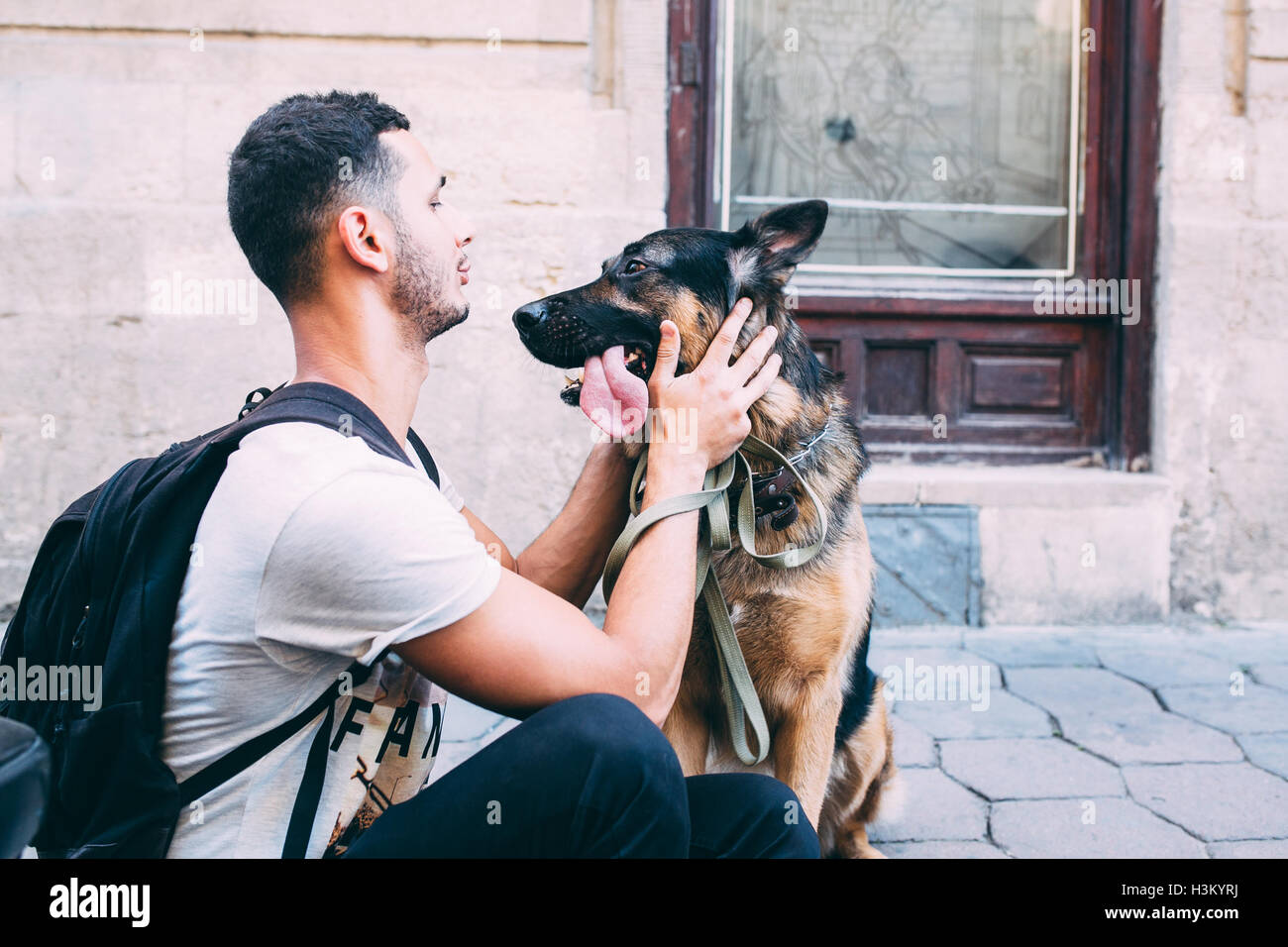 man and dog are looking at each other Stock Photo - Alamy