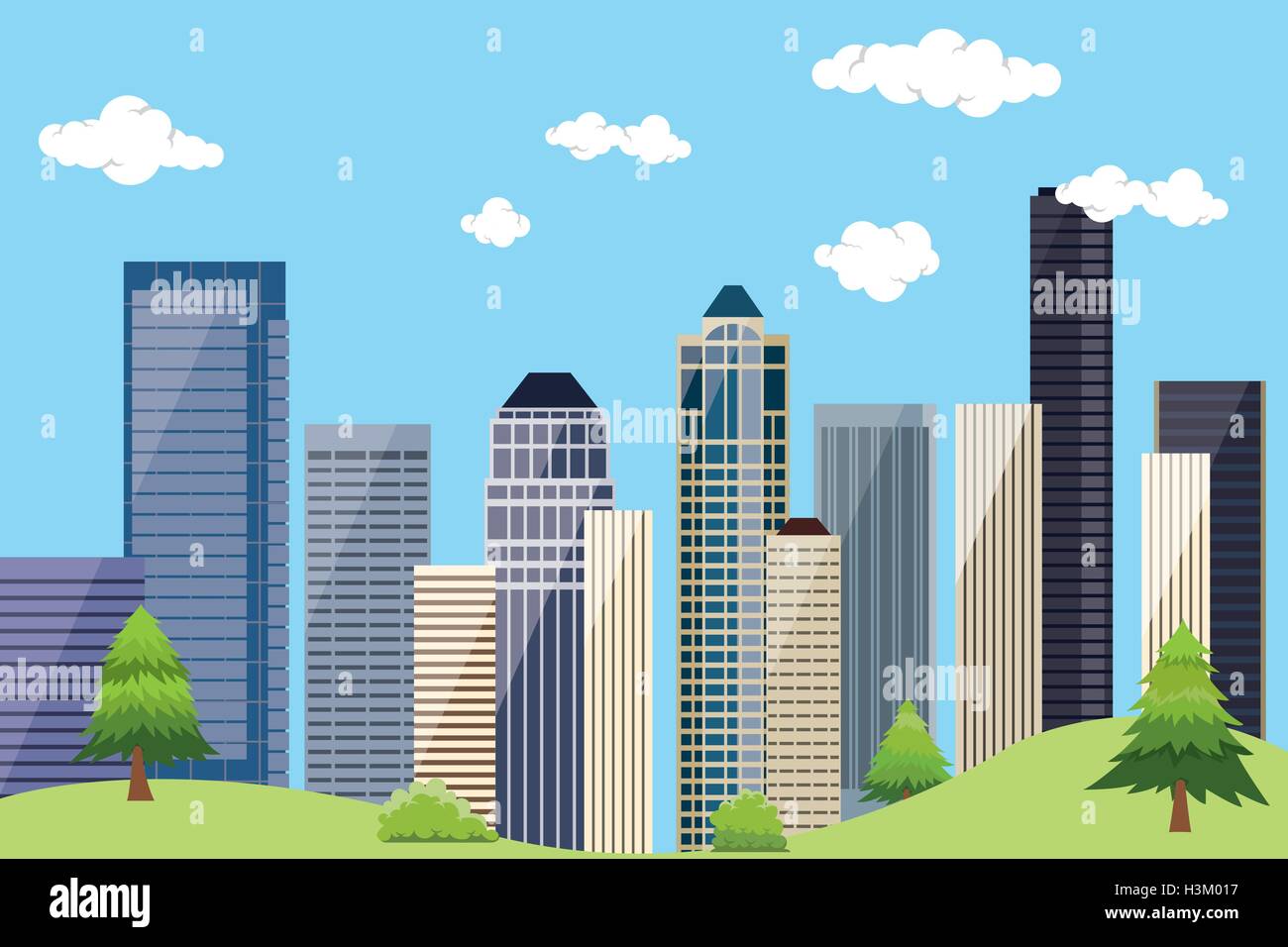 city urban landscape with building skyscrapper and blue sky green tree ...