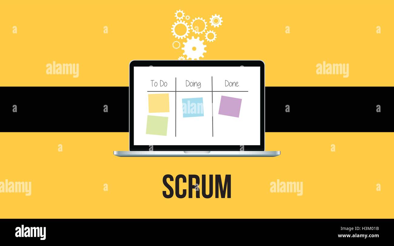 scrum methodology with laptop and sticky notes yellow background Stock ...