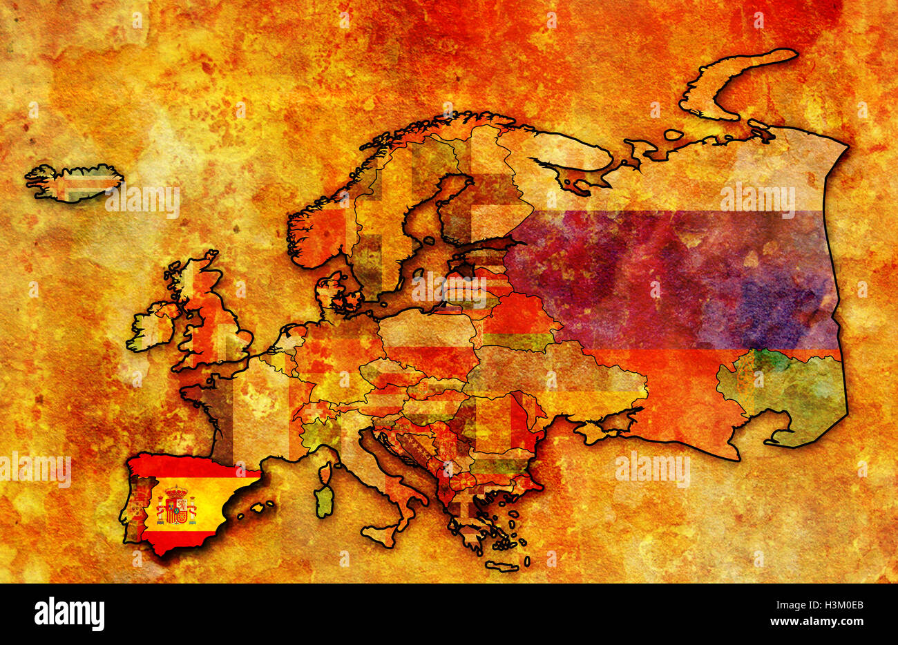 some very old grunge map of spain with flag on map of europe Stock ...