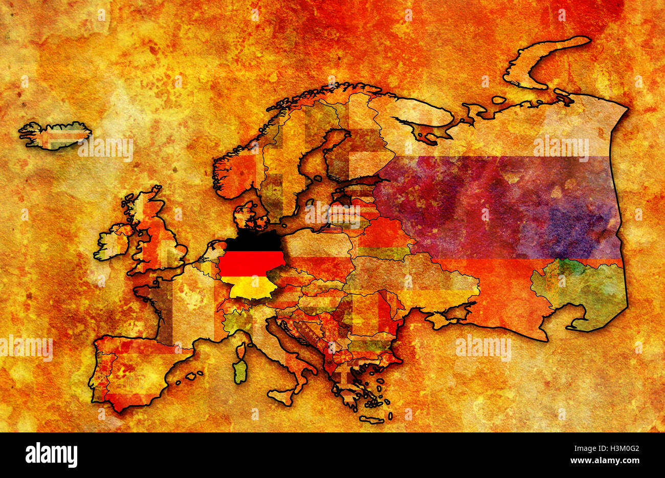 some very old grunge map of germany with flag on map of europe Stock ...