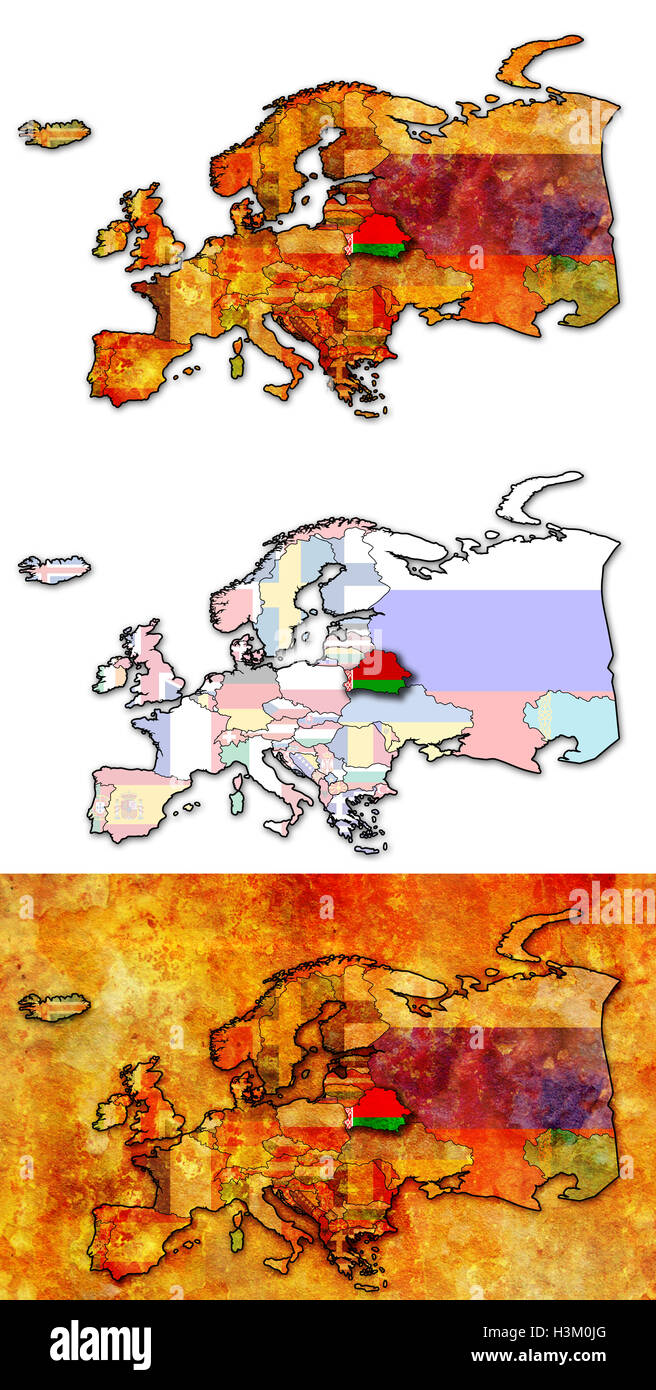 some very old grunge map of belarus with flag on map of europe Stock ...