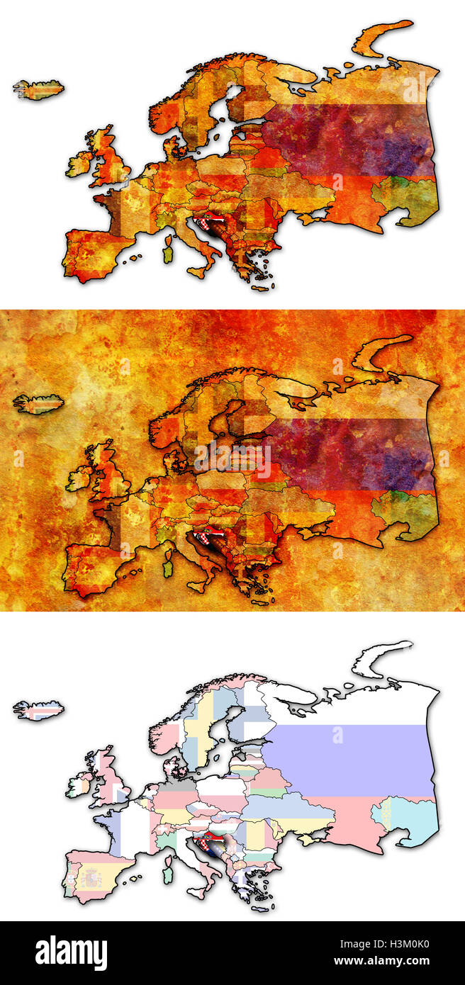 some very old grunge map of croatia with flag on map of europe Stock ...