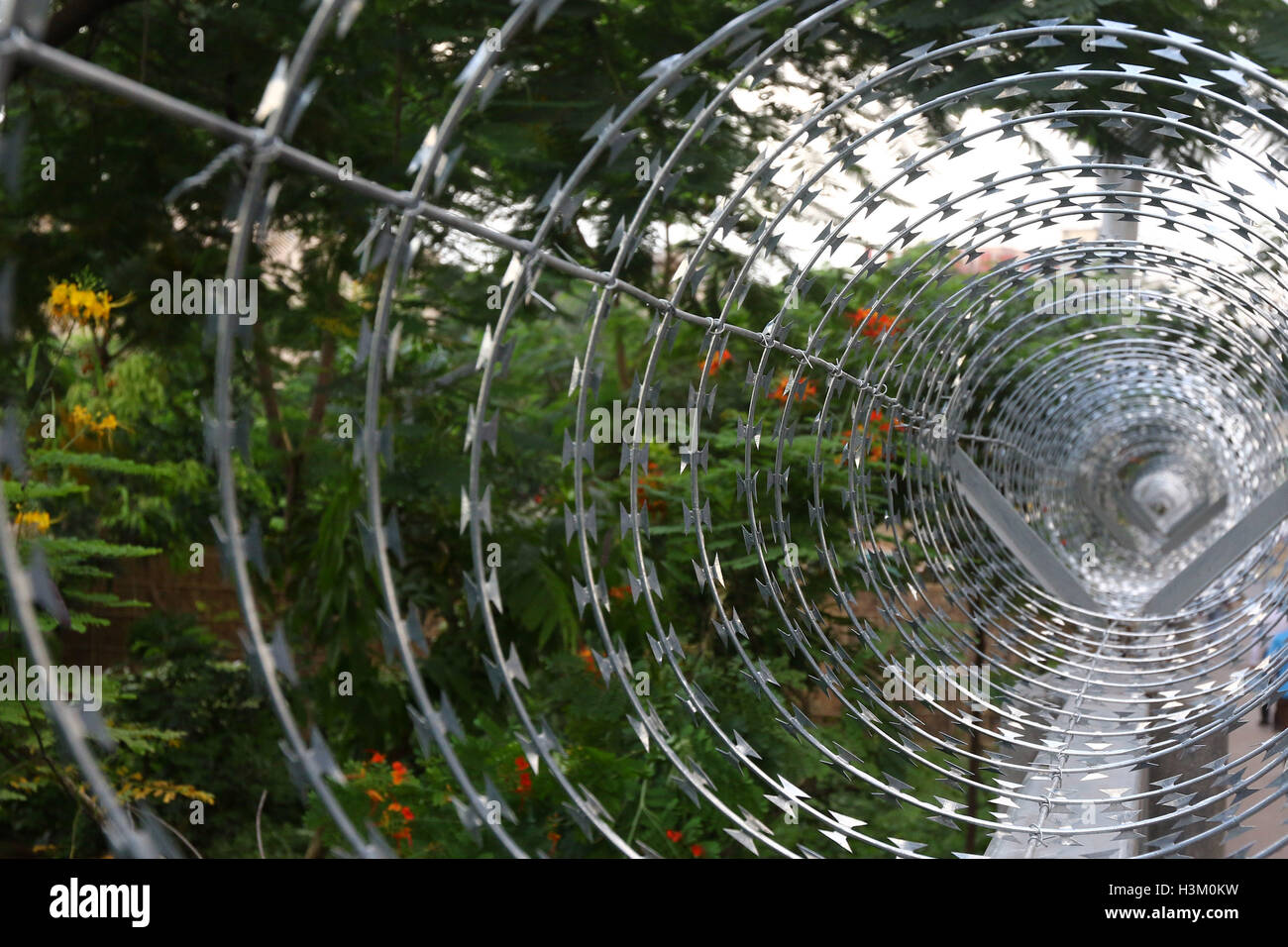 Secured with razor wire on top of the iron fence Stock Photo - Alamy