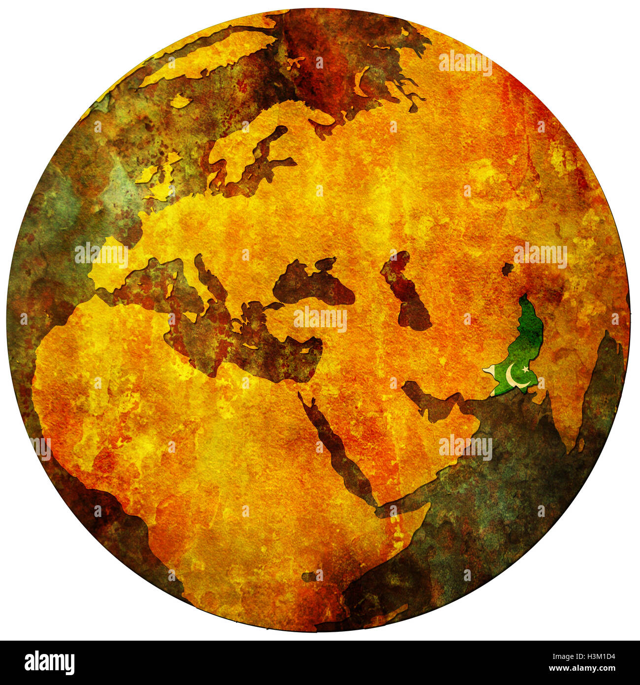 pakistan territory with flag on map of globe isolated over white with ...