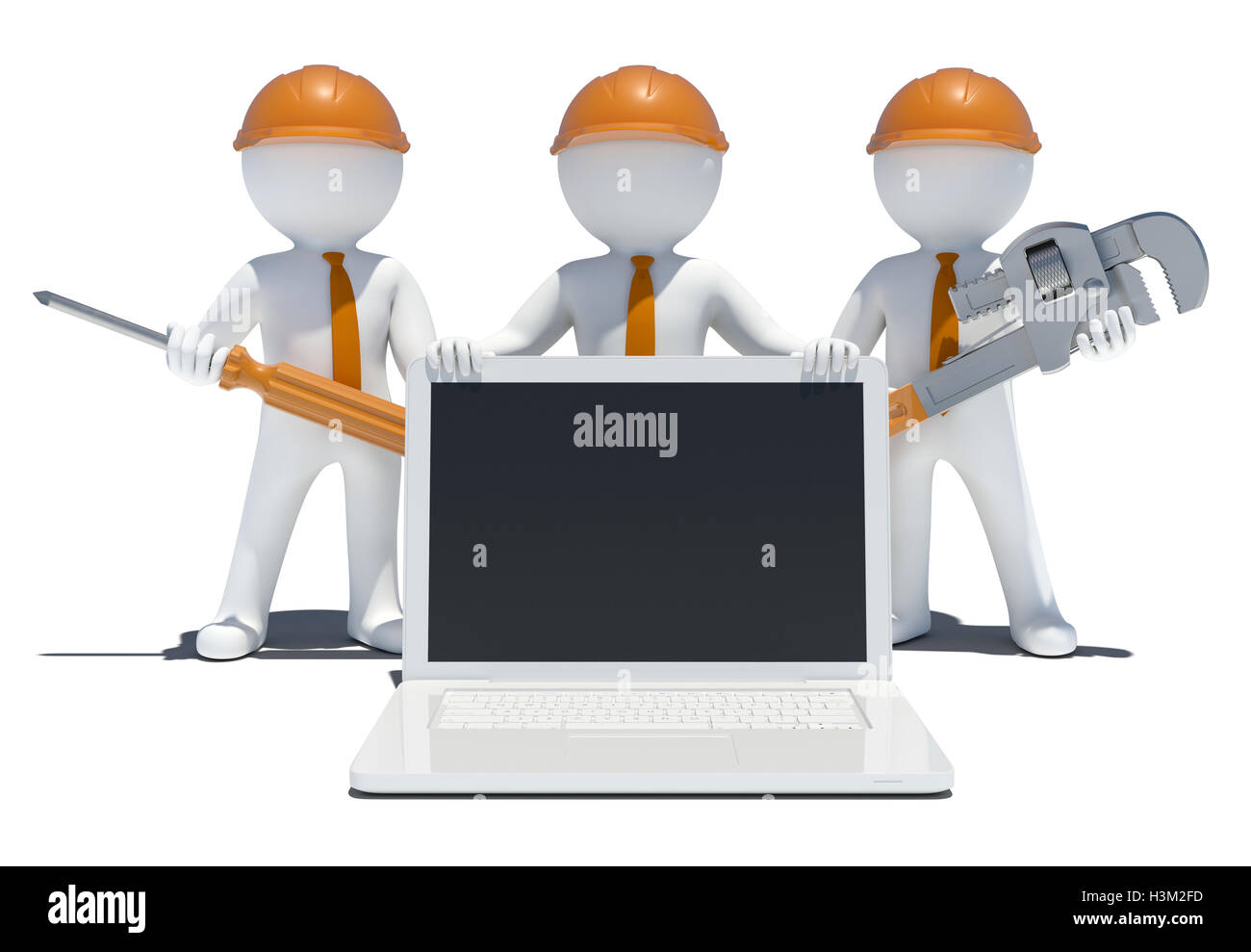 Three 3d white people with tools and laptop Stock Photo - Alamy