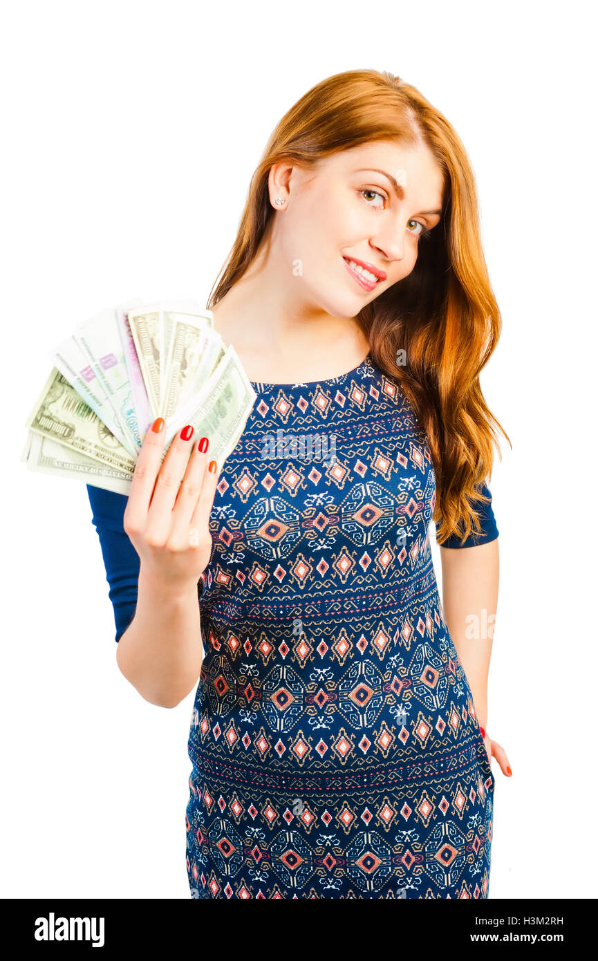 happy rich girl on a white background with a smile Stock Photo - Alamy