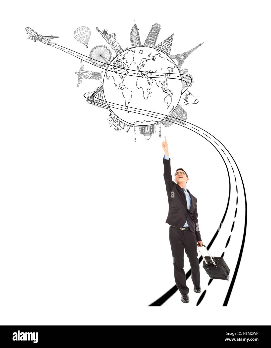 business man pulling a luggage while pointing worldwide landmark Stock ...