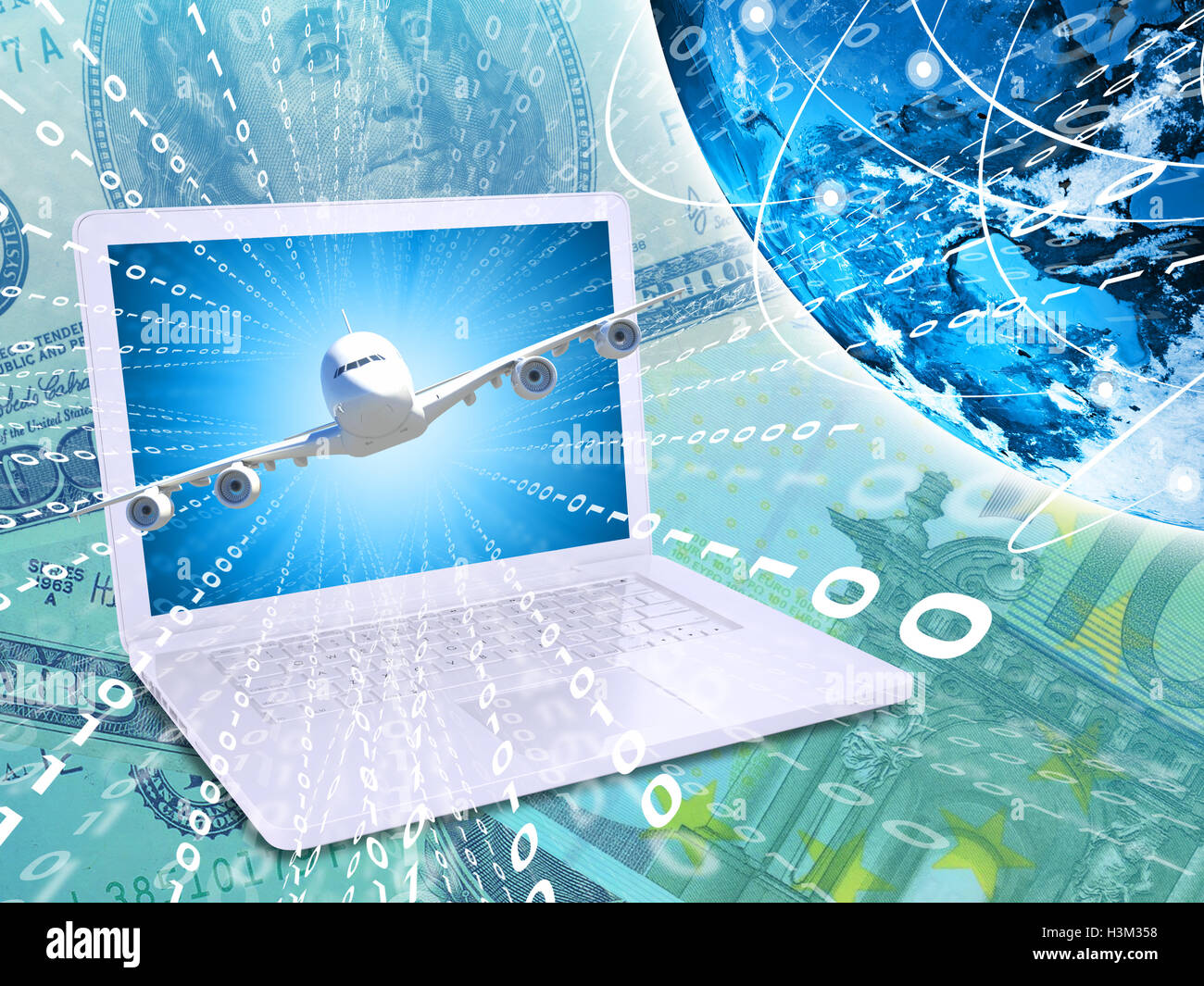 Airplane with background of laptop and Earth Stock Photo - Alamy