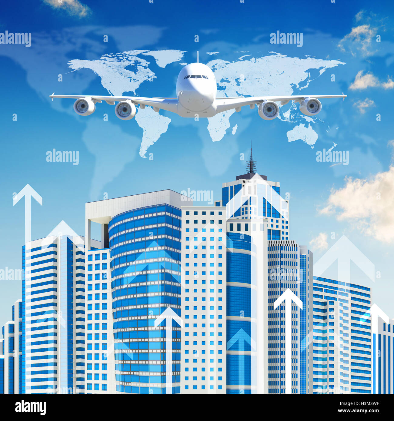 Airplane with background of skyscrapers and arrows Stock Photo - Alamy