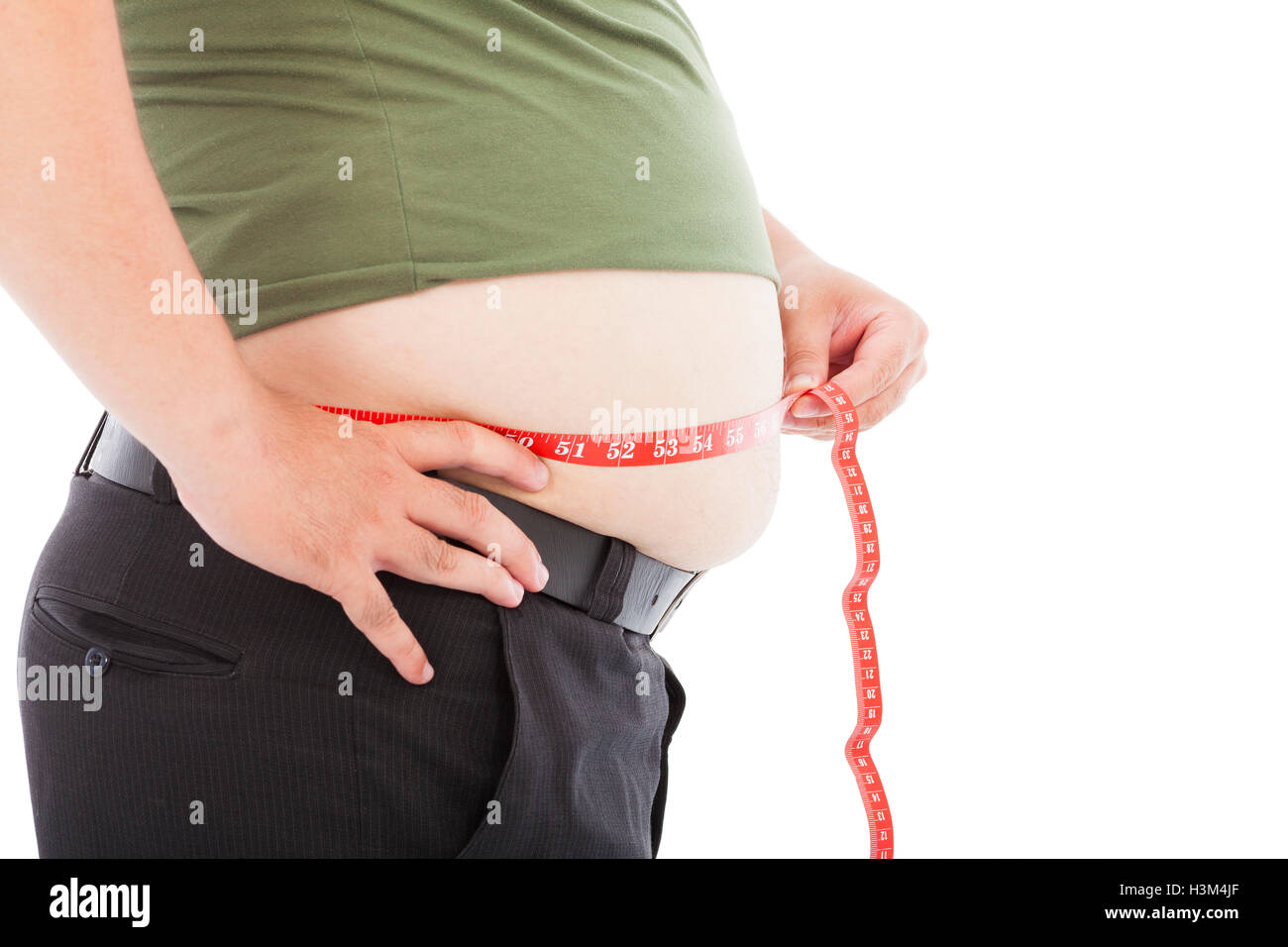 fat man use scale to measure his waistline Stock Photo - Alamy