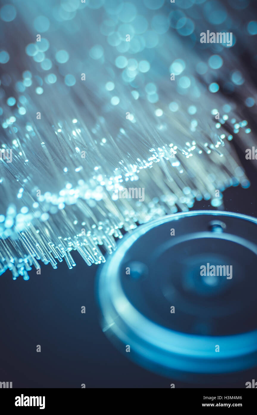 hardware, mechanism inside hard disk with fiber optic lights Stock ...