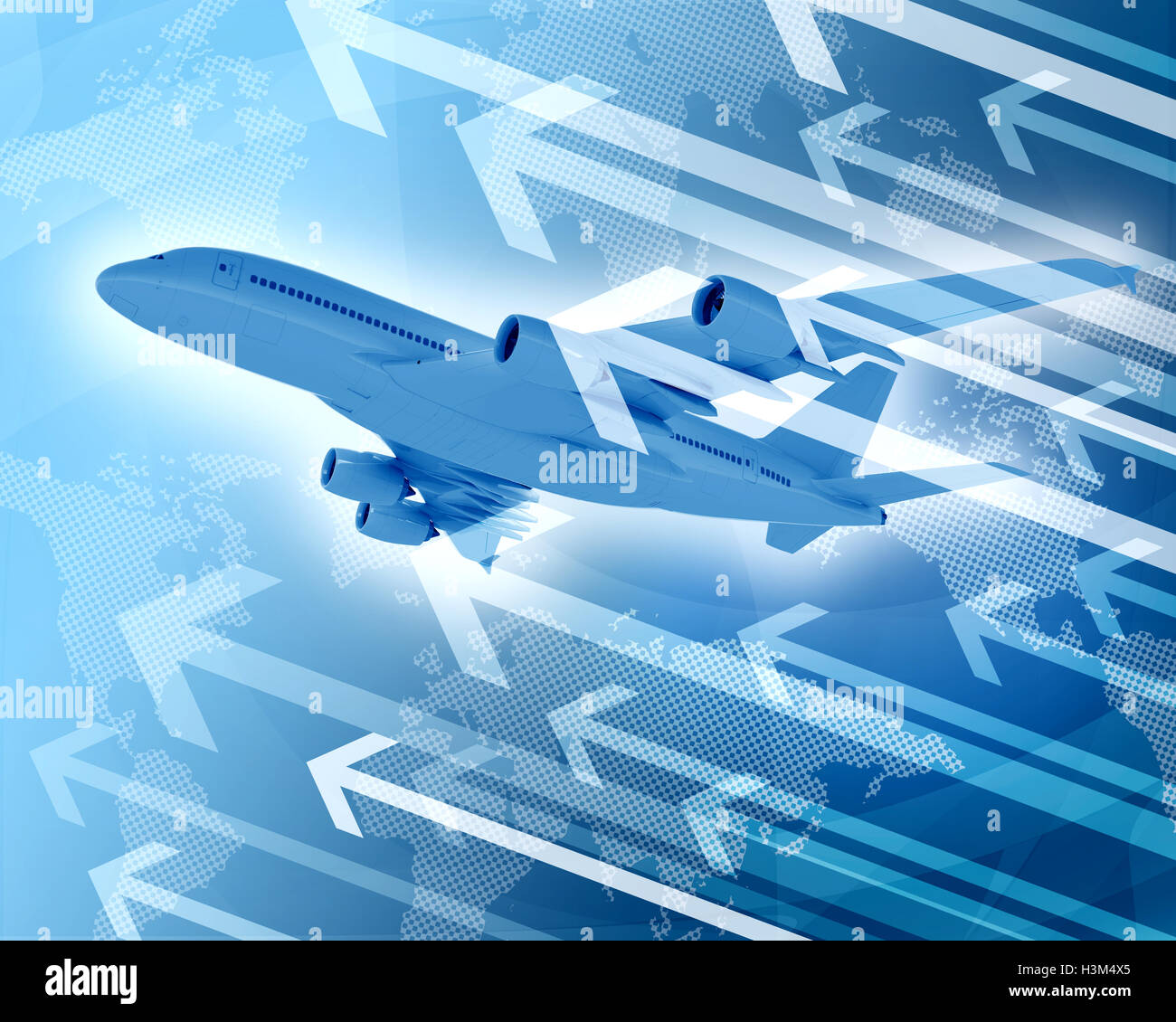 Airplane with background of world map and arrows Stock Photo - Alamy