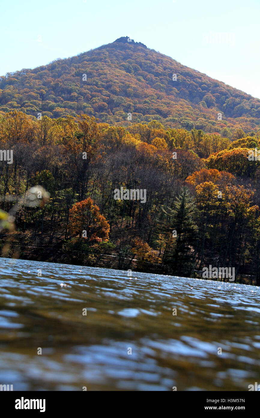 Blue Ridge Parkway, Virginia, USA. View of Abbott Lake and Sharp Top in ...