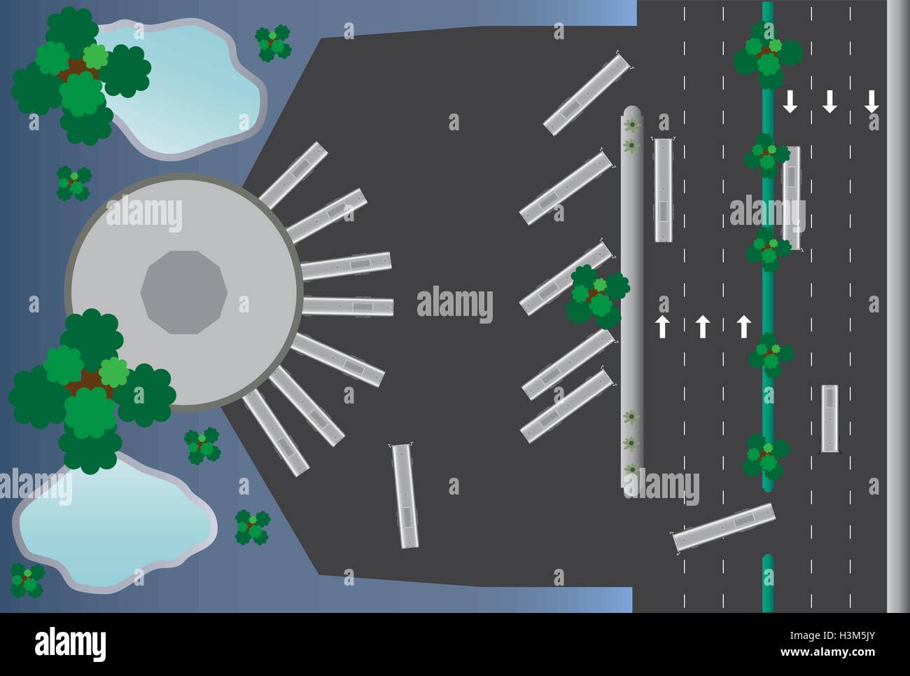 Top view of Circle building bus station Landscape Vector Illustration ...