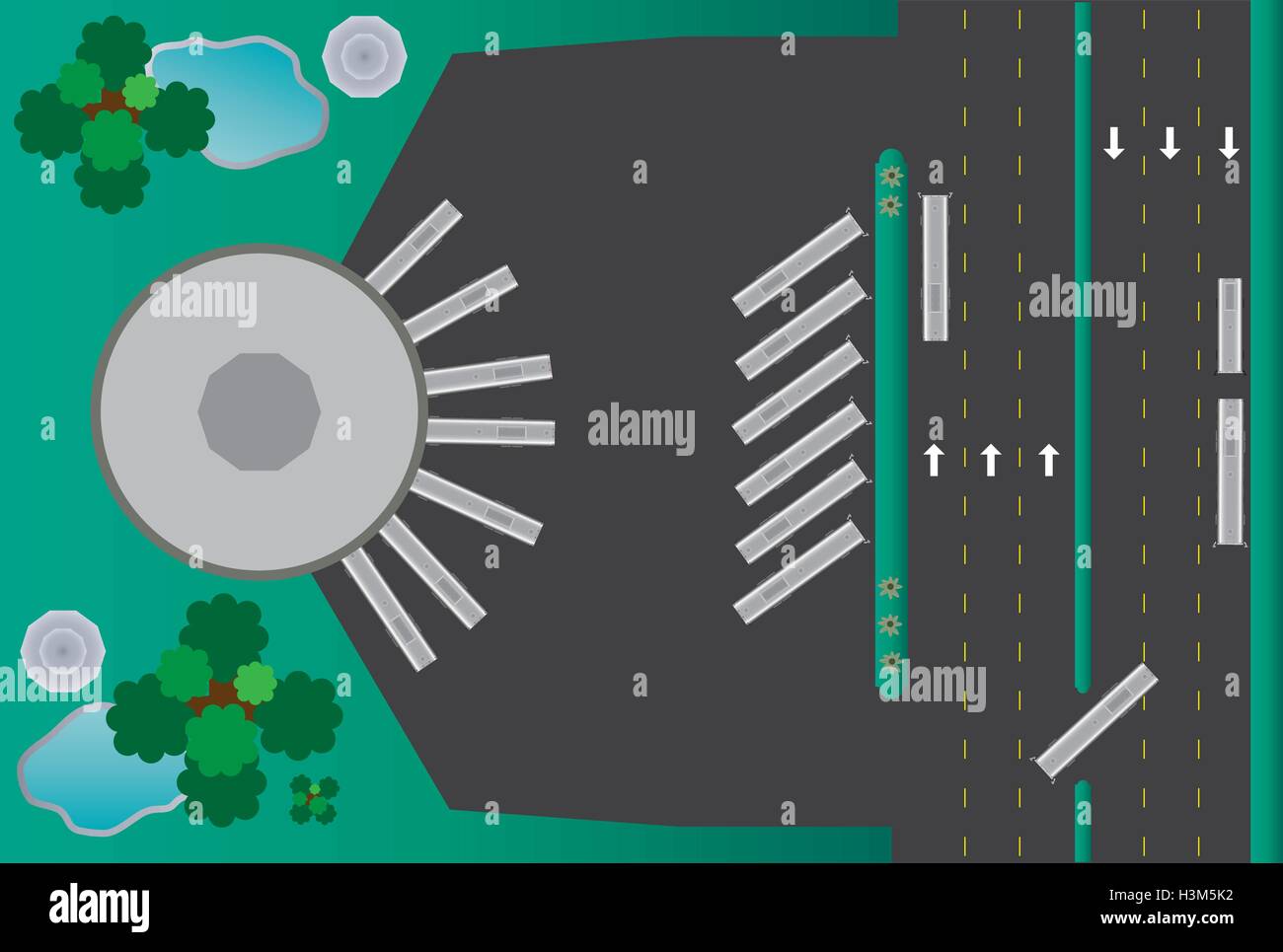 Top view of Circle building bus station Landscape Vector Illustration ...