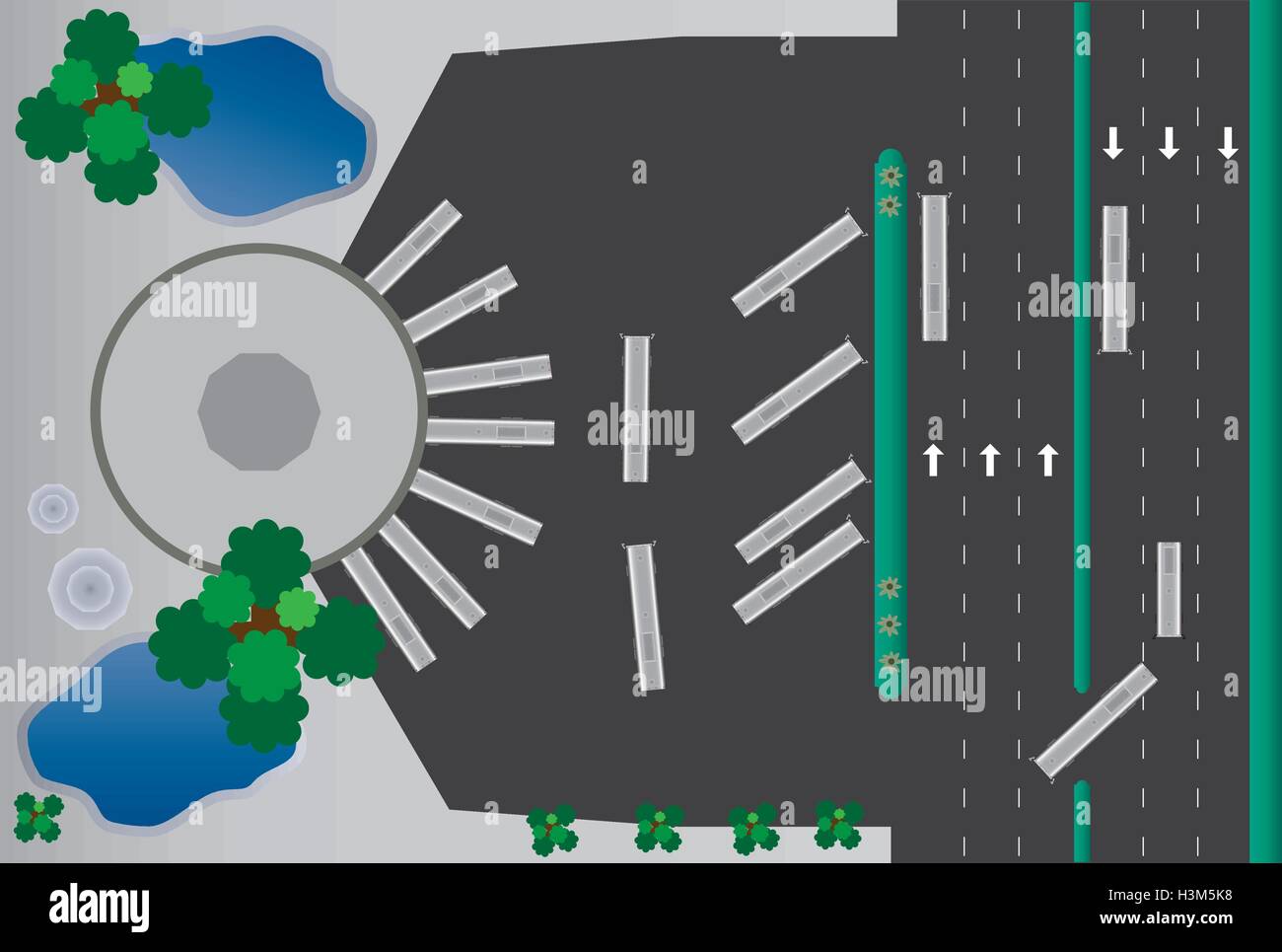 Top view of Circle building bus station Landscape Vector Illustration ...