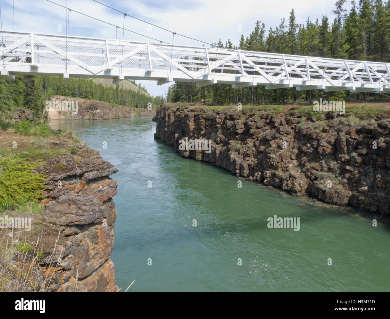 White suspension bridge across Miles Canyon Yukon Stock Photo - Alamy