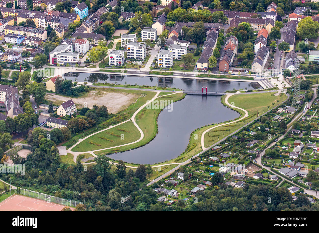 Areal view of the Niederfeld lake, an artificial lake in Essen, Germany ...
