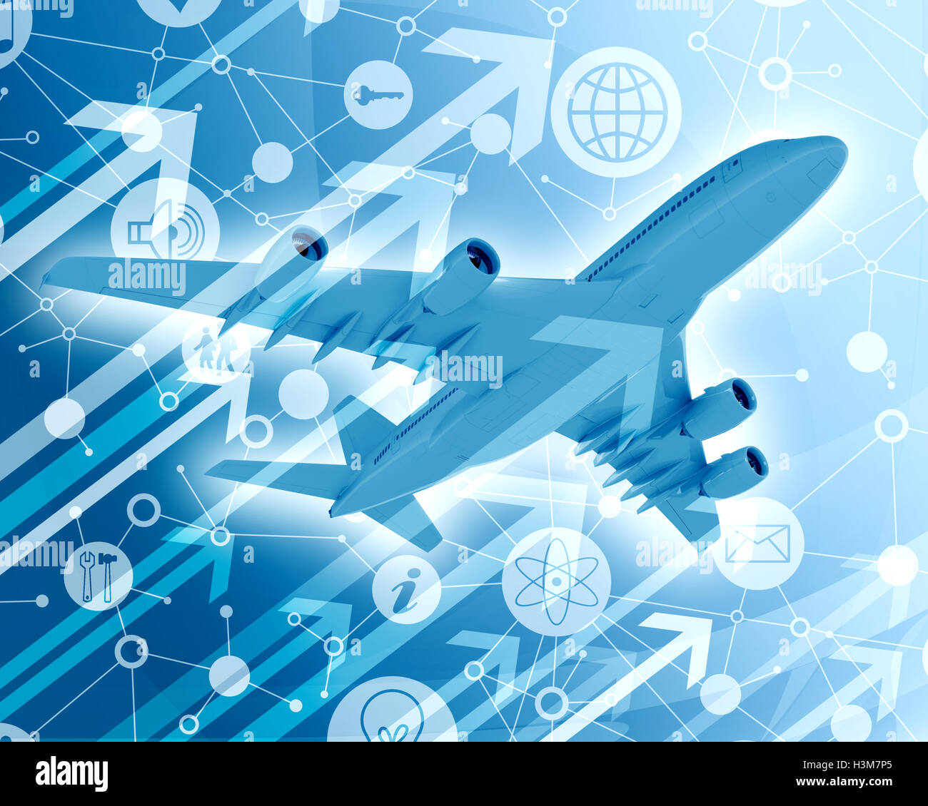 Airplane with background of app icons and arrows Stock Photo - Alamy