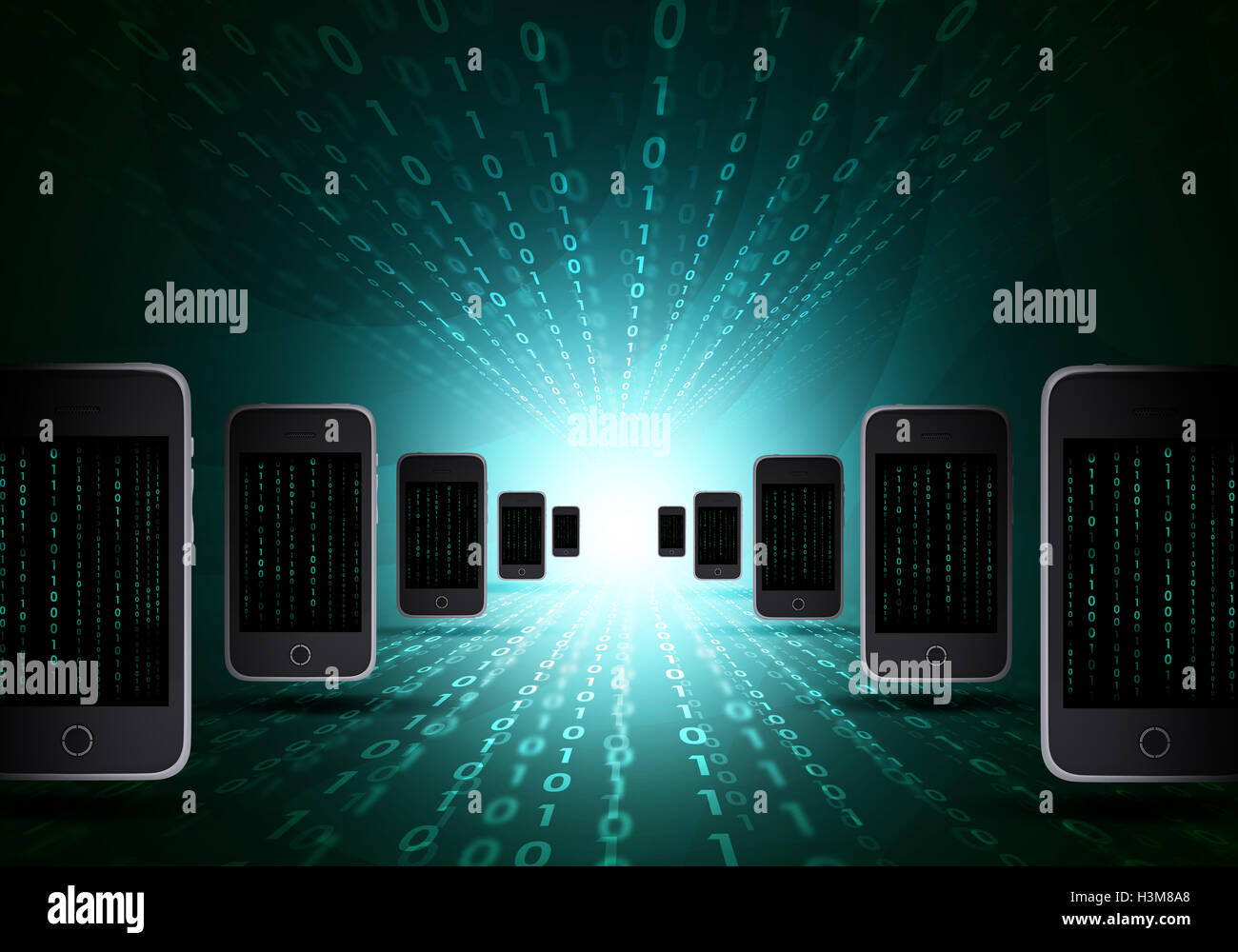 Rows smart phones with glowing figures Stock Photo - Alamy