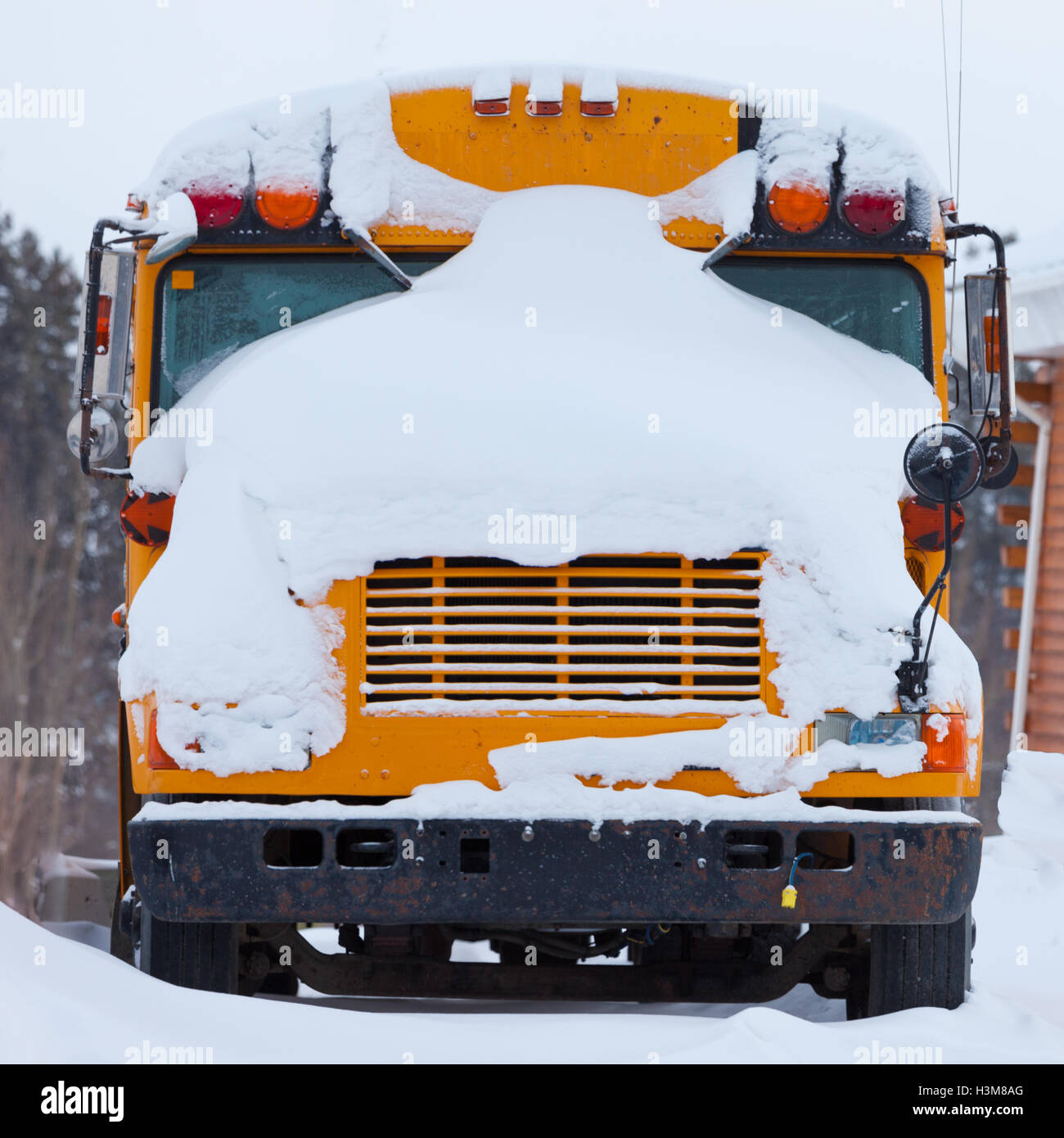 Parked school bus winter blizzard snow cover Stock Photo - Alamy