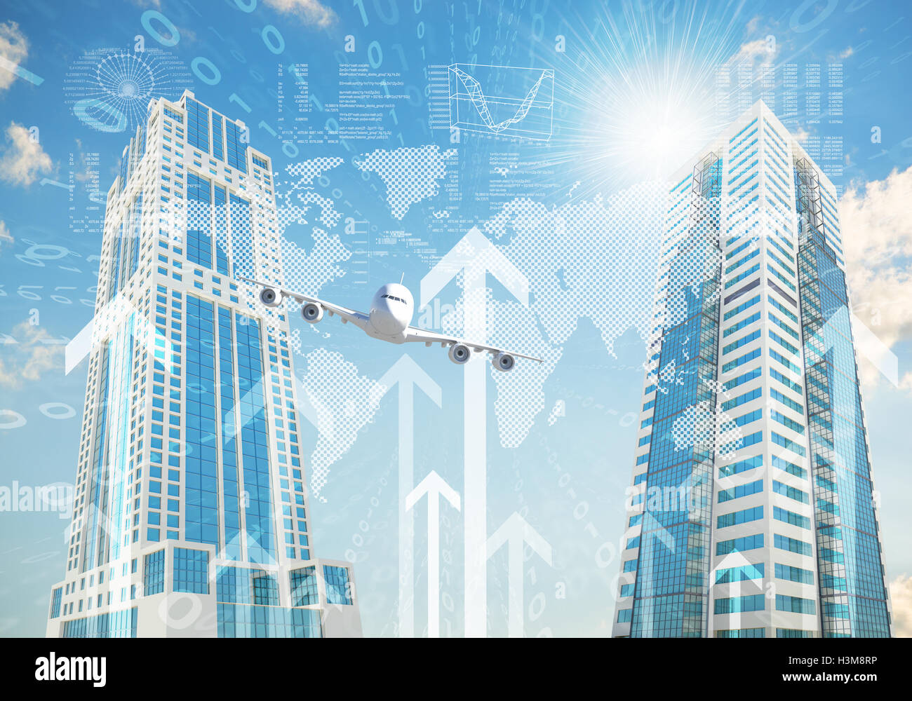 Airplane with background of skyscrapers and arrows Stock Photo - Alamy