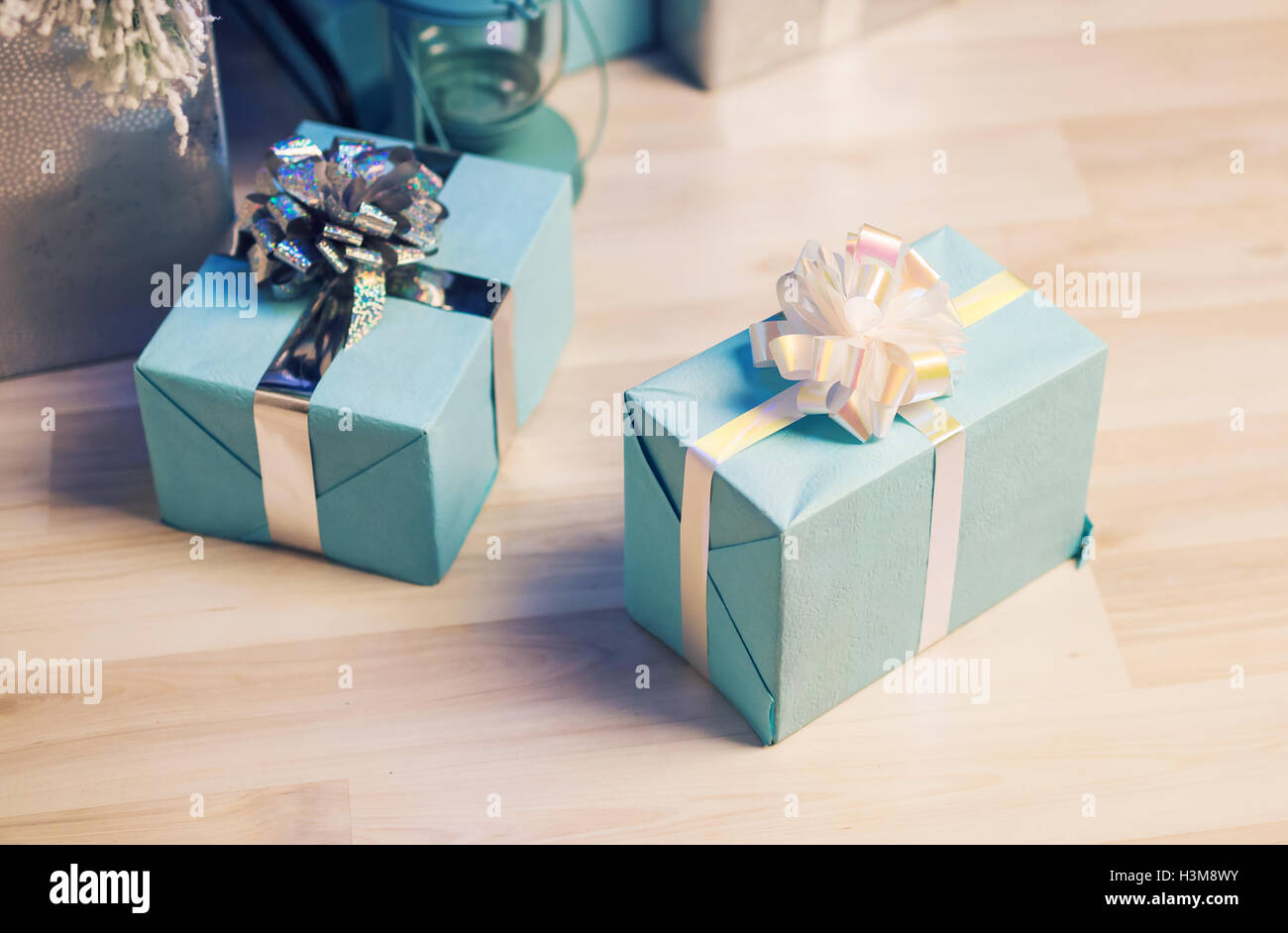 Blue gift boxes Stock Photo - Alamy