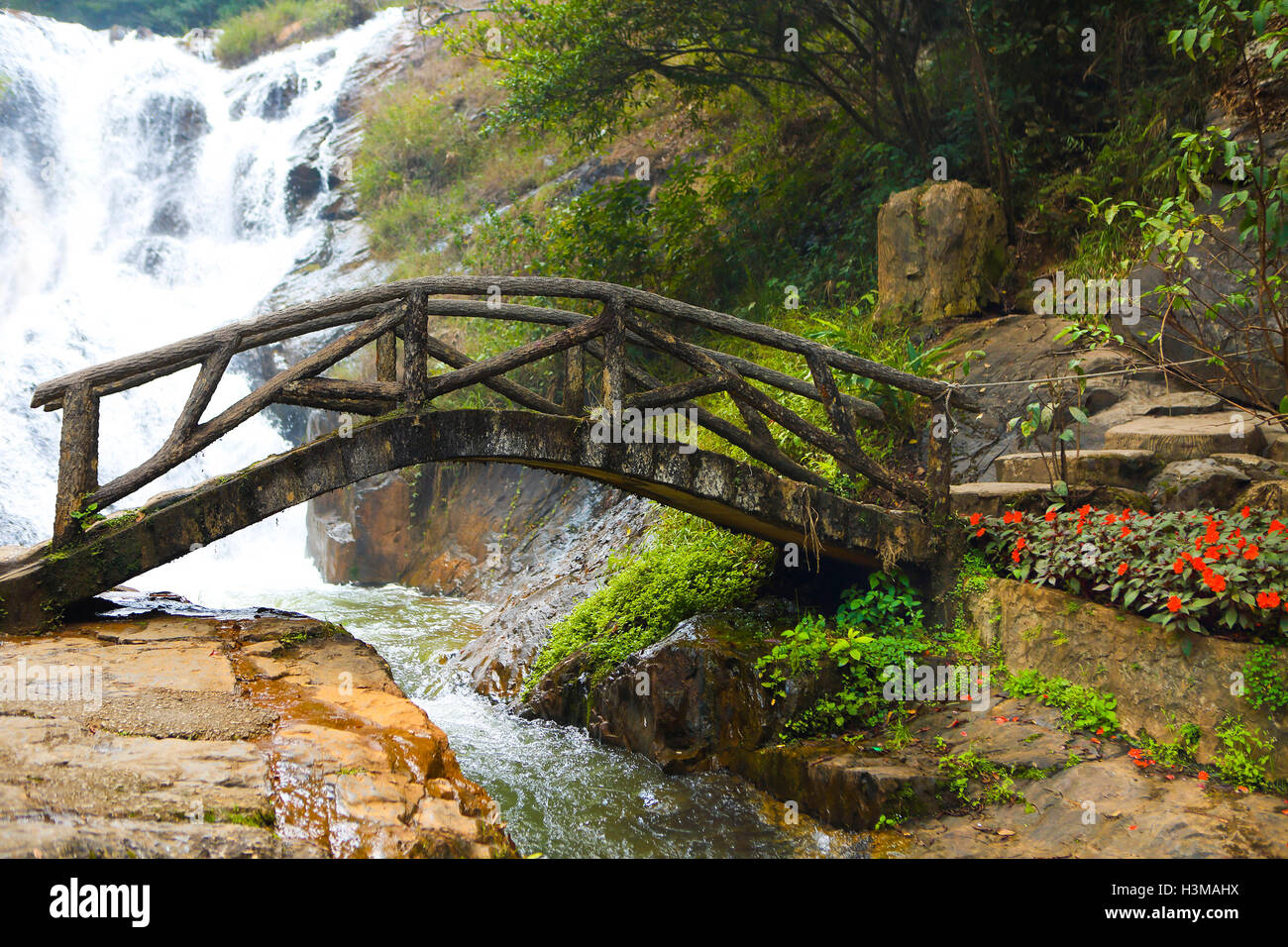 Sunset waterfall bridge wooden hi-res stock photography and images - Alamy