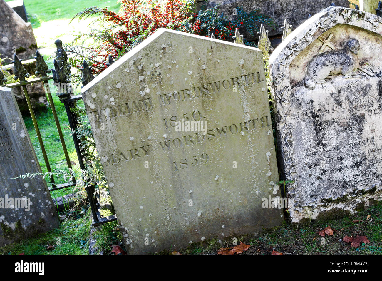 The lakeland poet William Wordsworth and his wife Mary's grave stone in ...