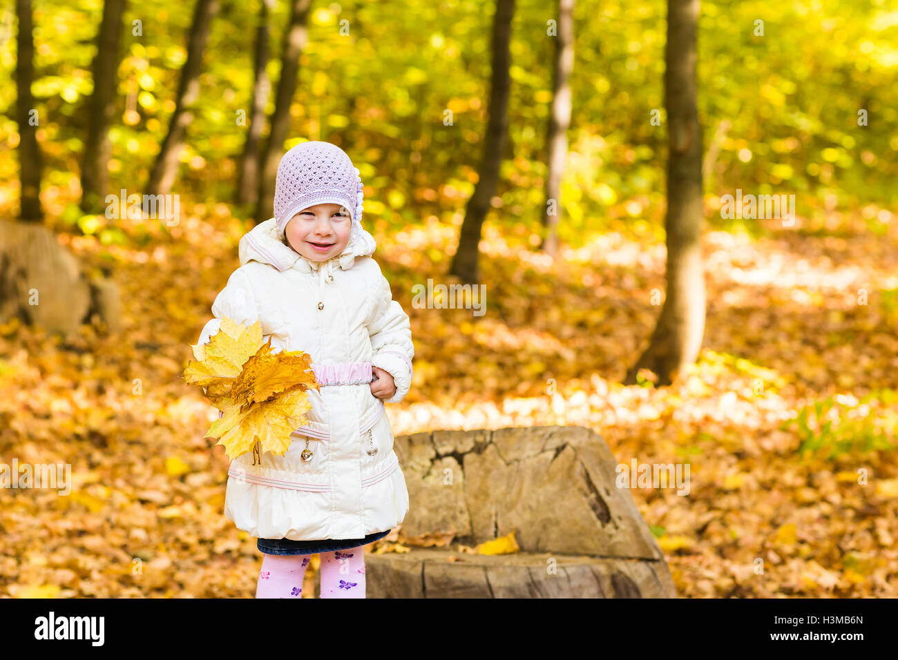 Portrait of happy little baby girl playing with yellow autumn leafs at ...