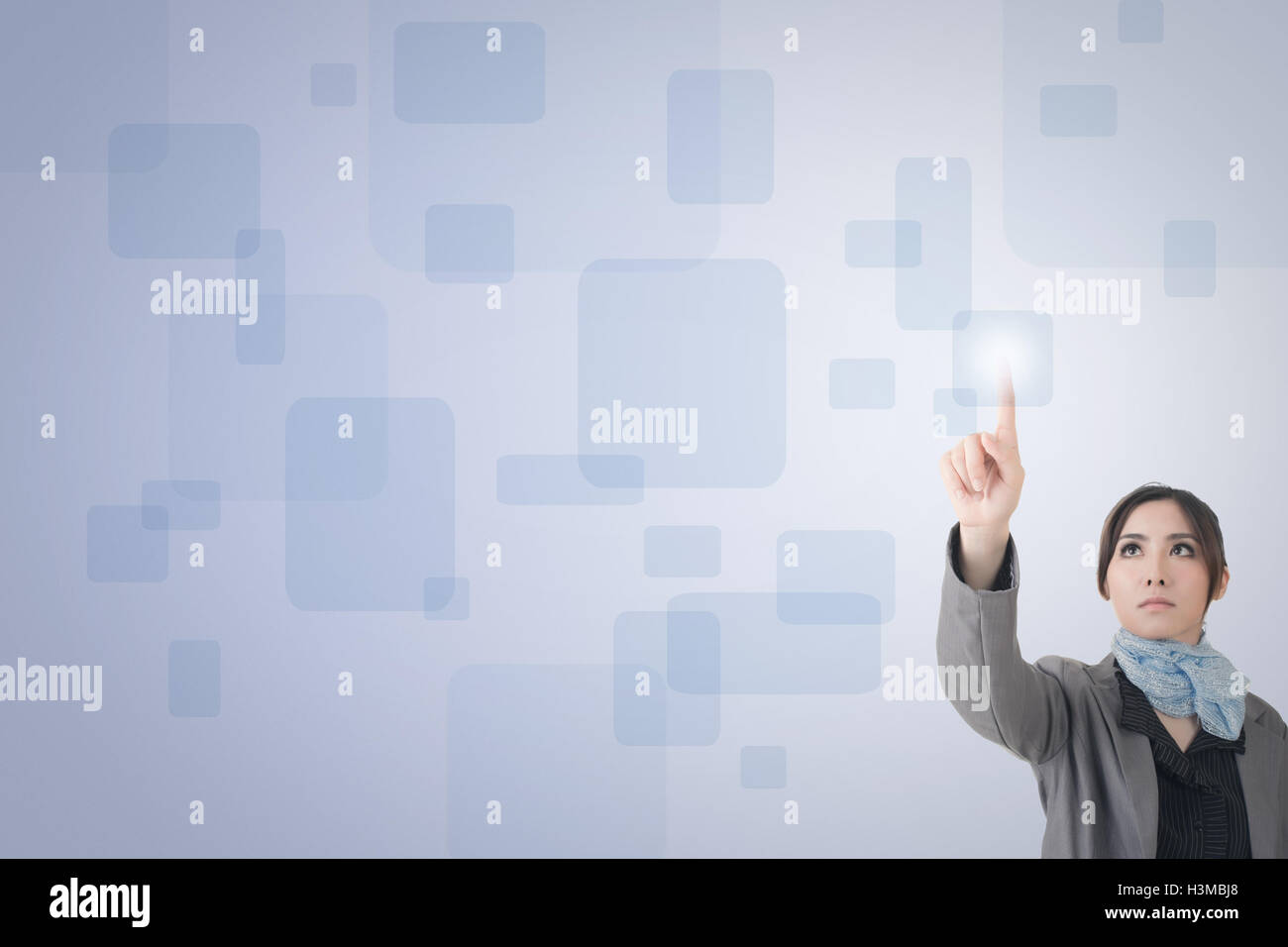 Asian business woman pushing touch screen button Stock Photo - Alamy