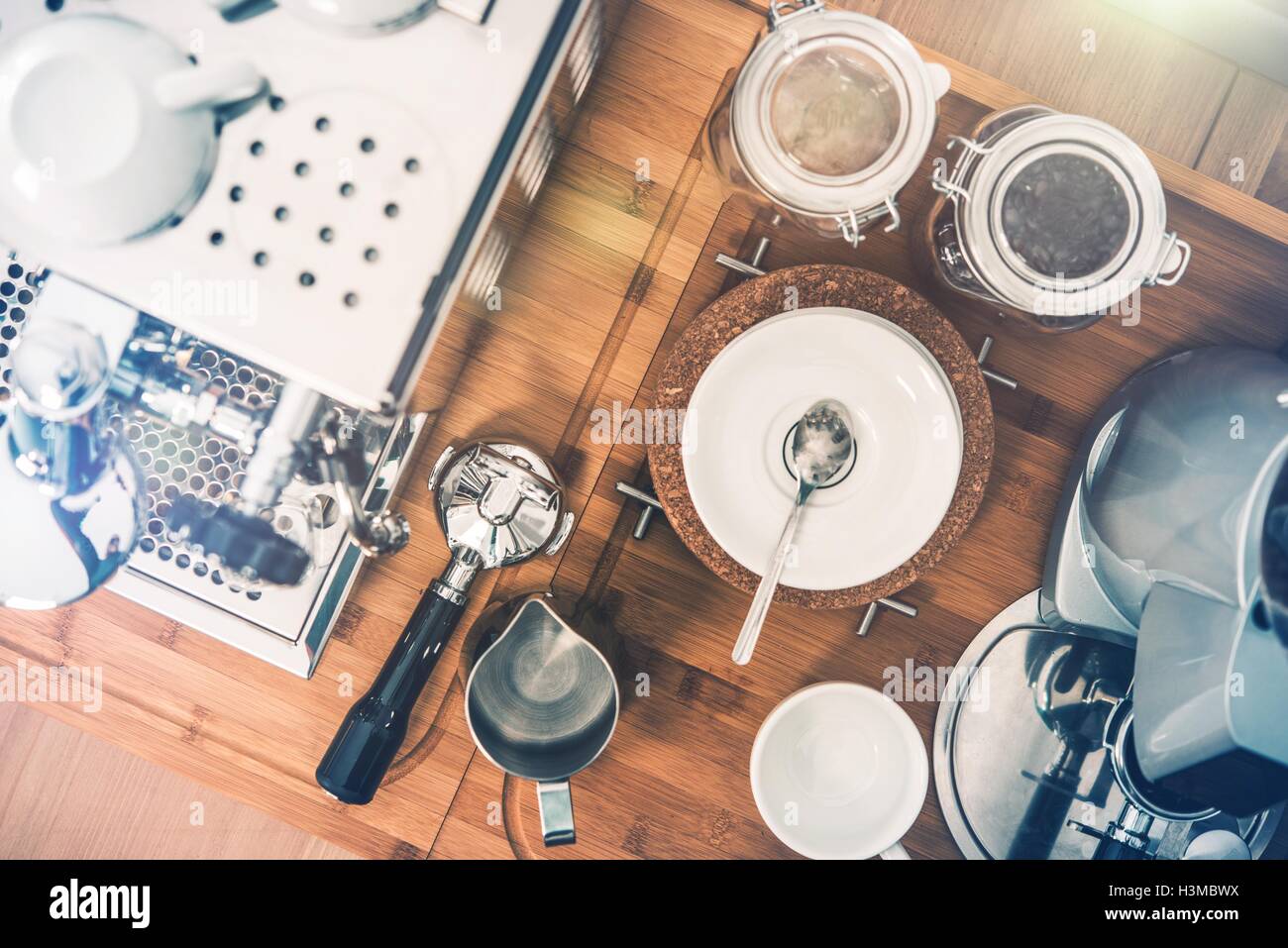 Coffee Espresso Preparing Table and Coffee Equipment. Top View Stock ...