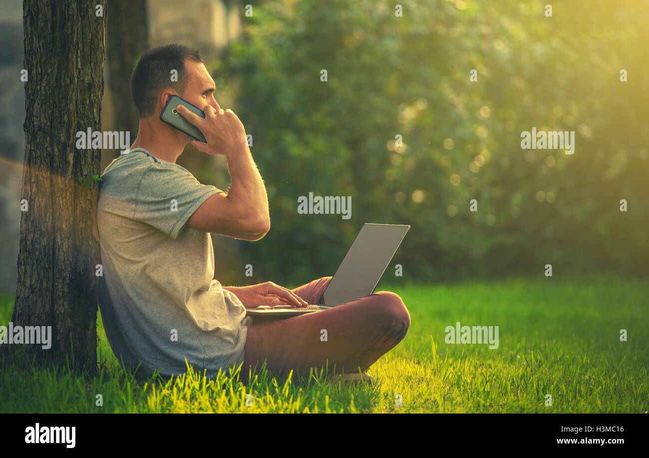 Outdoor Office Worker. Men Making Business Calls While Seating on the ...