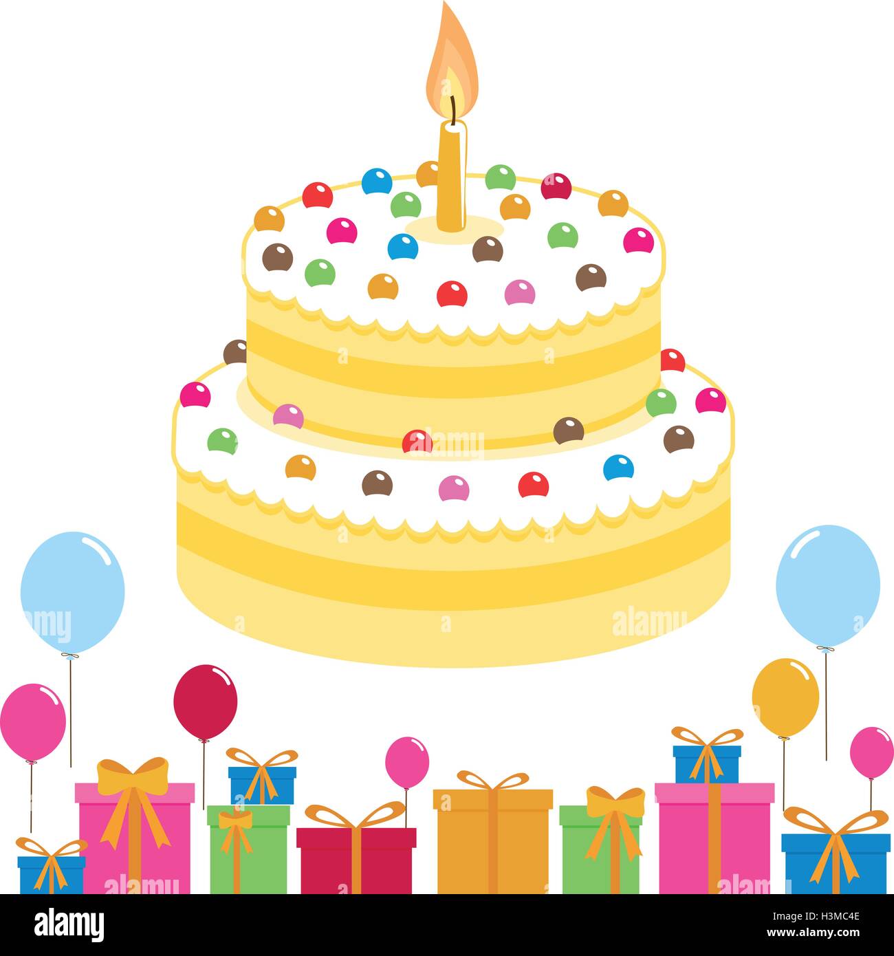 Birthday cake, balloons and boxes with presents. Birthday party ...