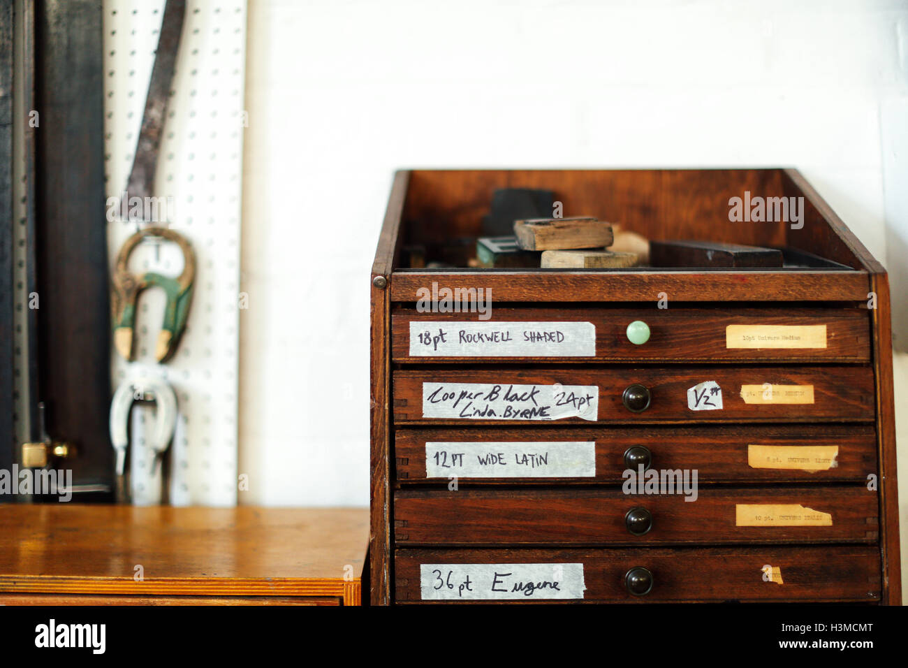 Still life of wooden drawers and equipment in print workshop Stock ...
