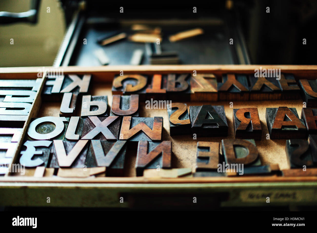 Tray of wooden letterpress letters in book arts workshop Stock Photo ...