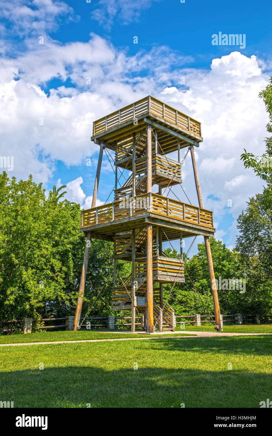 Tall wooden lookout tower for observing nature with elevated open air ...