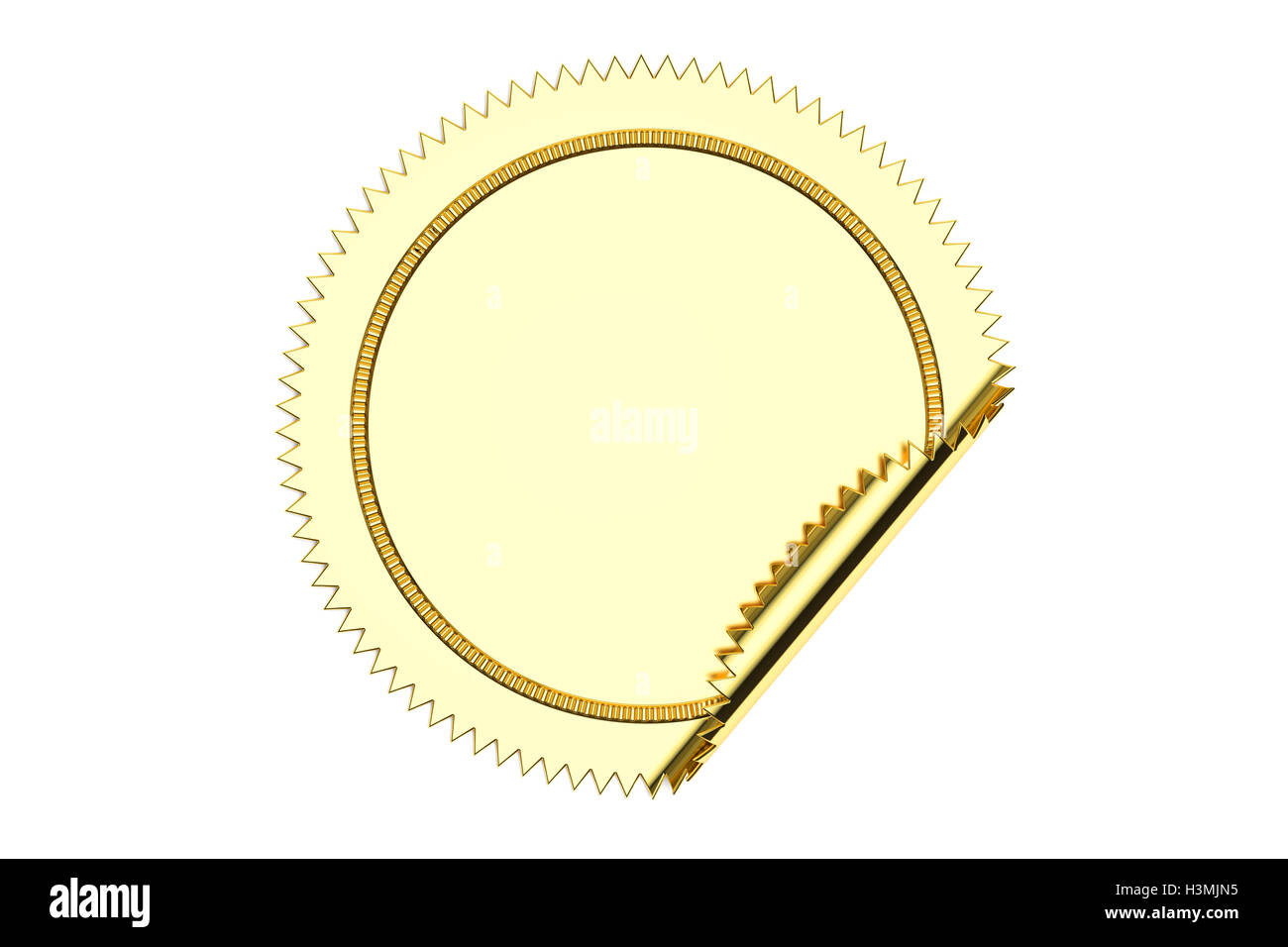 Golden blank circle sticker closeup, 3D rendering isolated on white ...