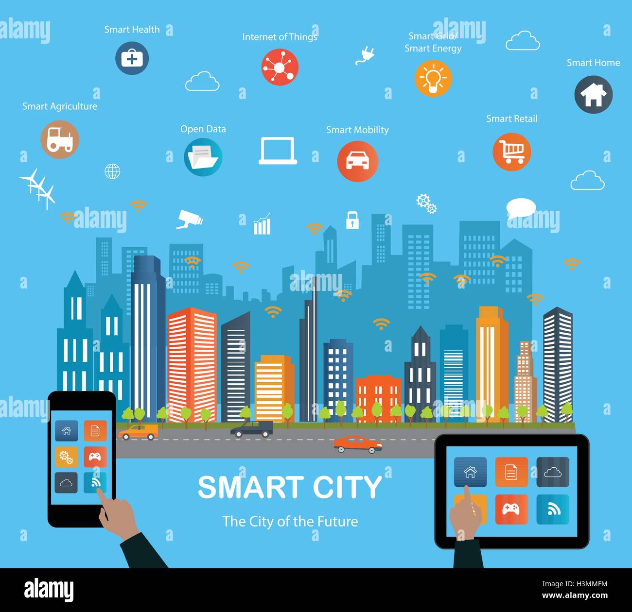 Smart city concept with different icon and elements. Modern city design ...