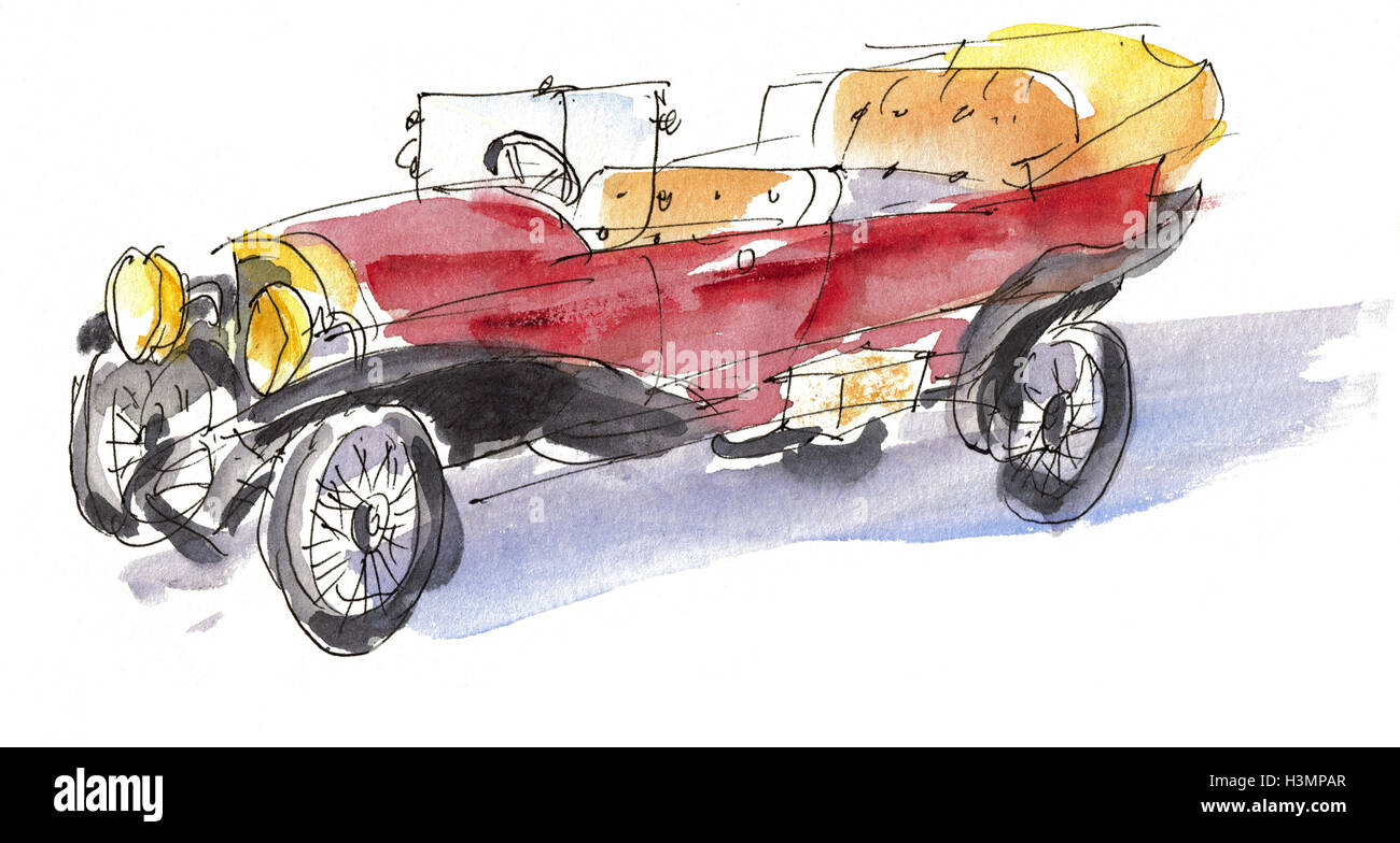 Watercolor Illustration of an Old Motor Car Stock Photo - Alamy